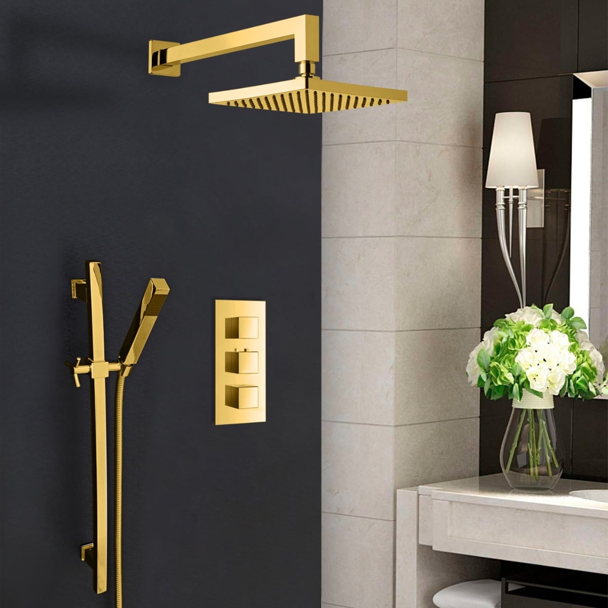 Juno Gold Plated Wall Mount Square Shower Head Set with Hand Shower ...