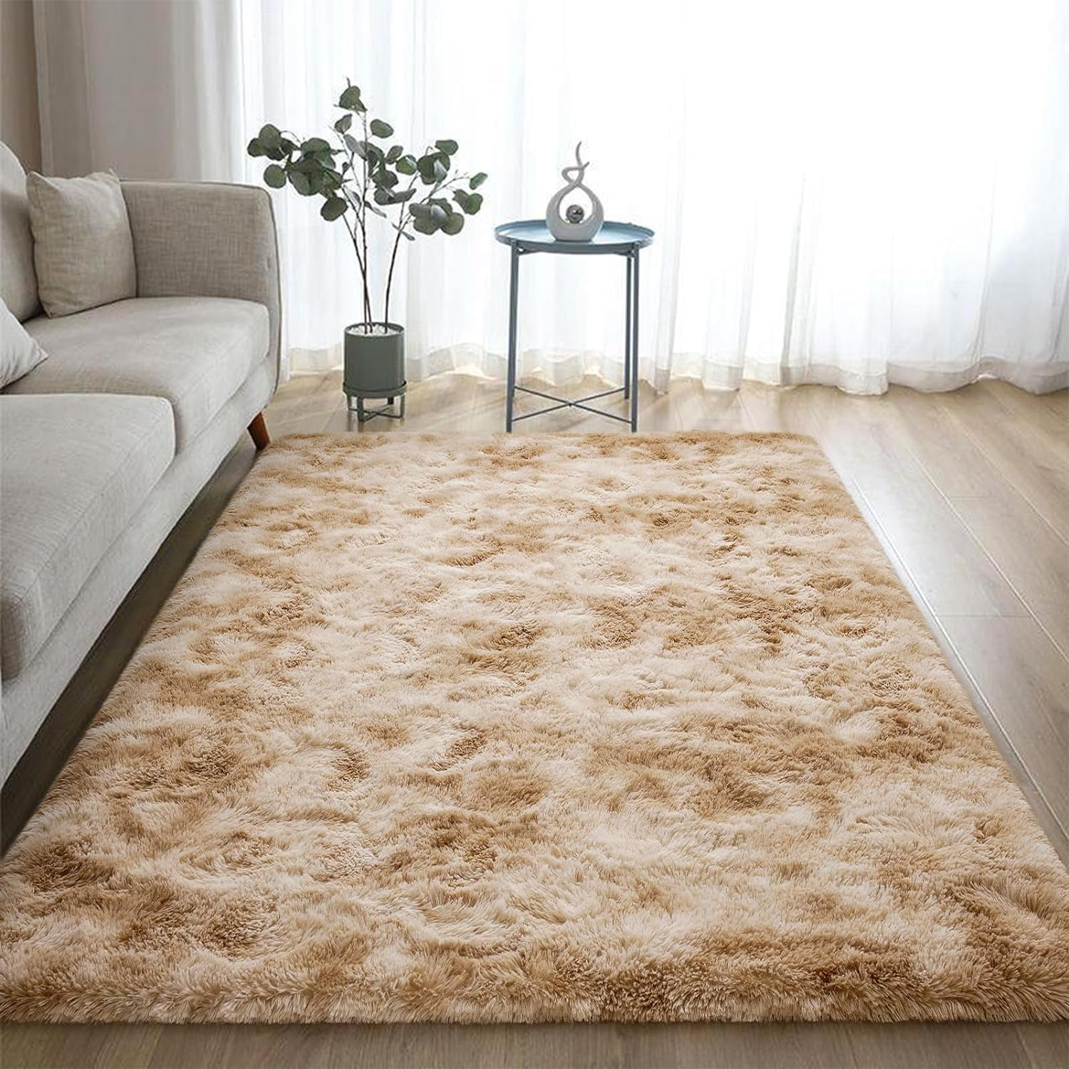 Junovo Fashionable Soft and Shaggy Velvet Rug, 4 ft x 6 ft, Tan ...