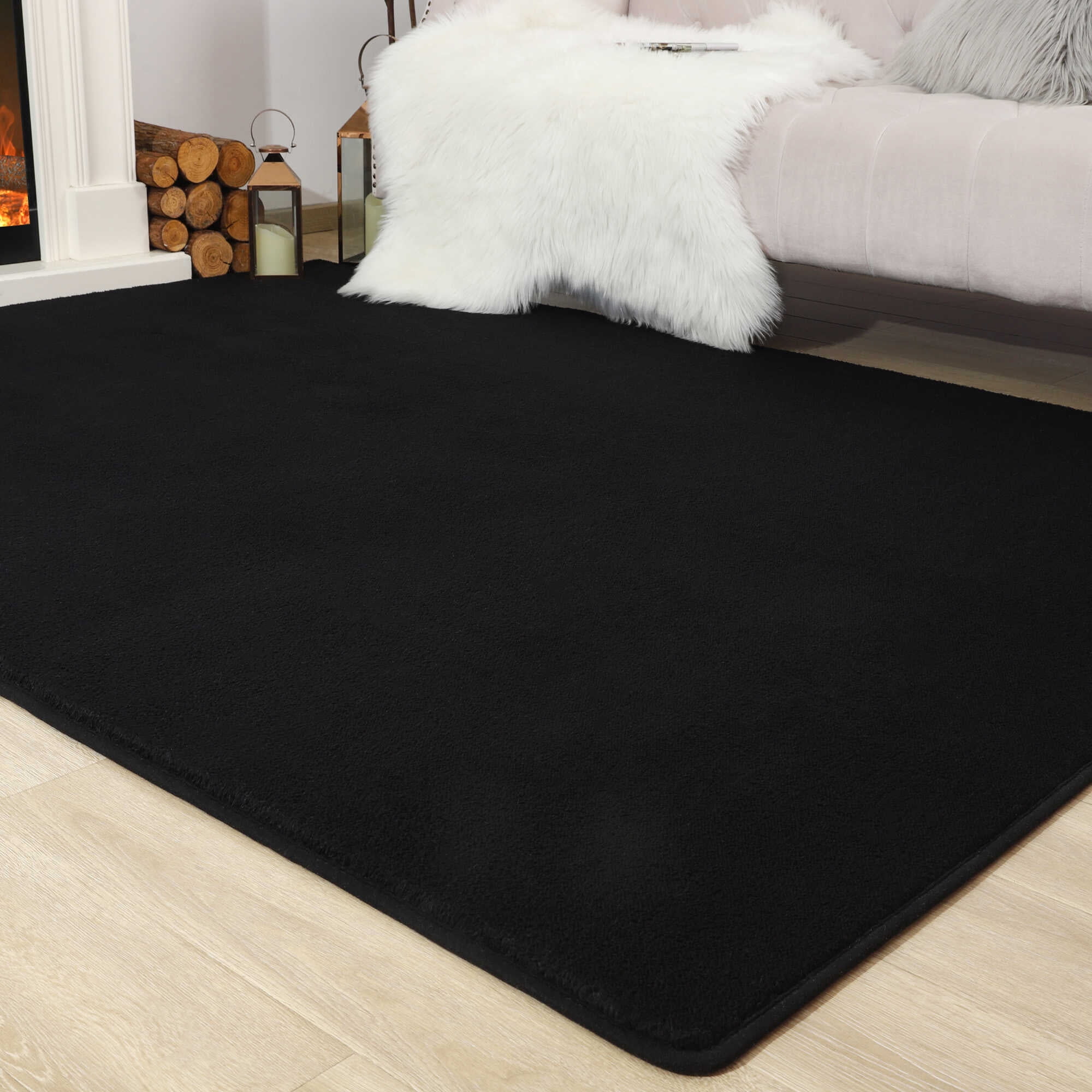 Junovo Modern Area Rug, Soft Shag Carpet, 4'x6', Black, Fluffy, Easy ...