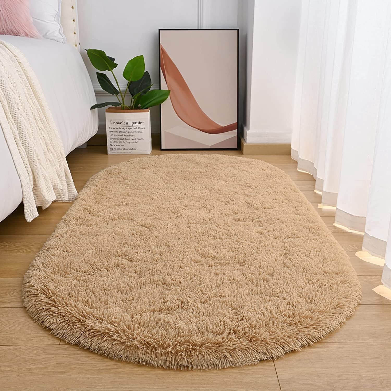 "Junovo Fluffy Oval Area Rug for Bedroom, Tan Shaggy Carpet, Kids Room ...