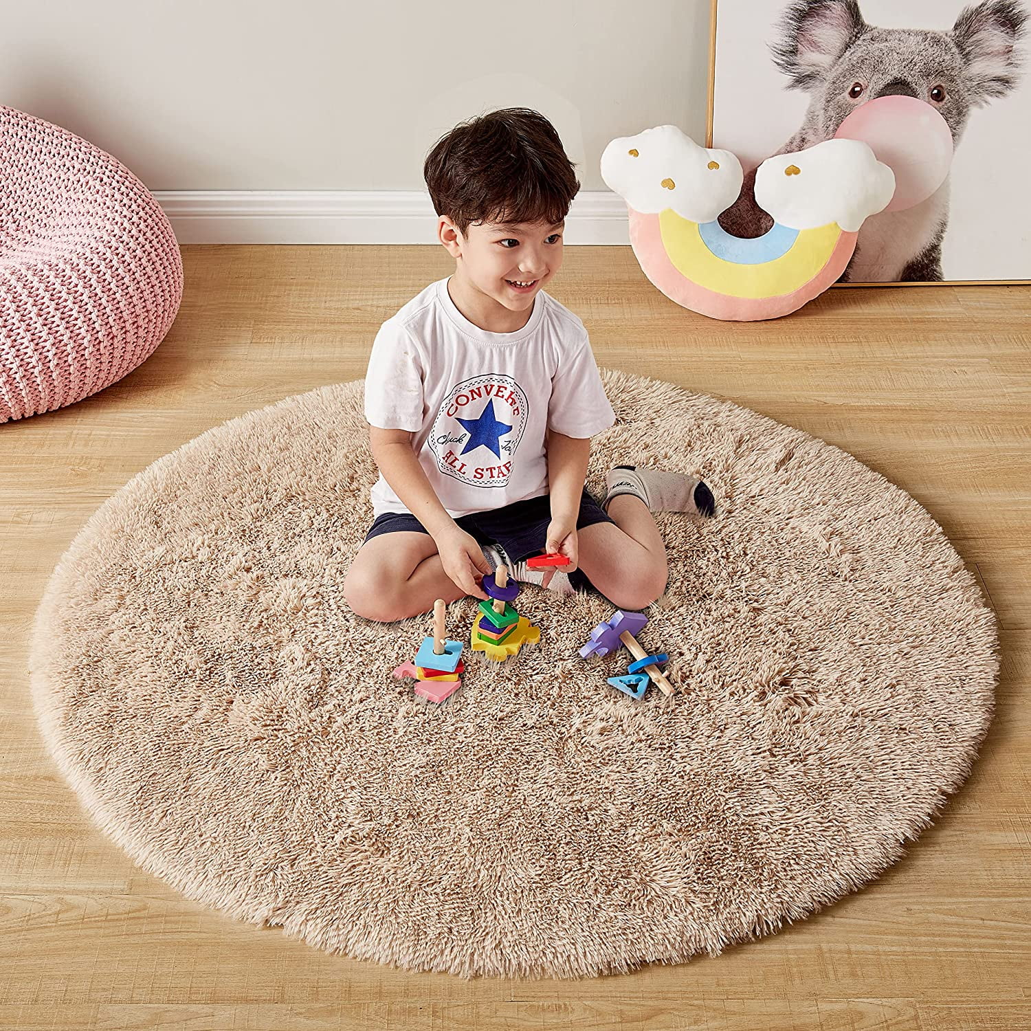Junovo Fluffy Round Area Rug for Kids, 4'x4', Non-Slip, Soft, Shaggy ...