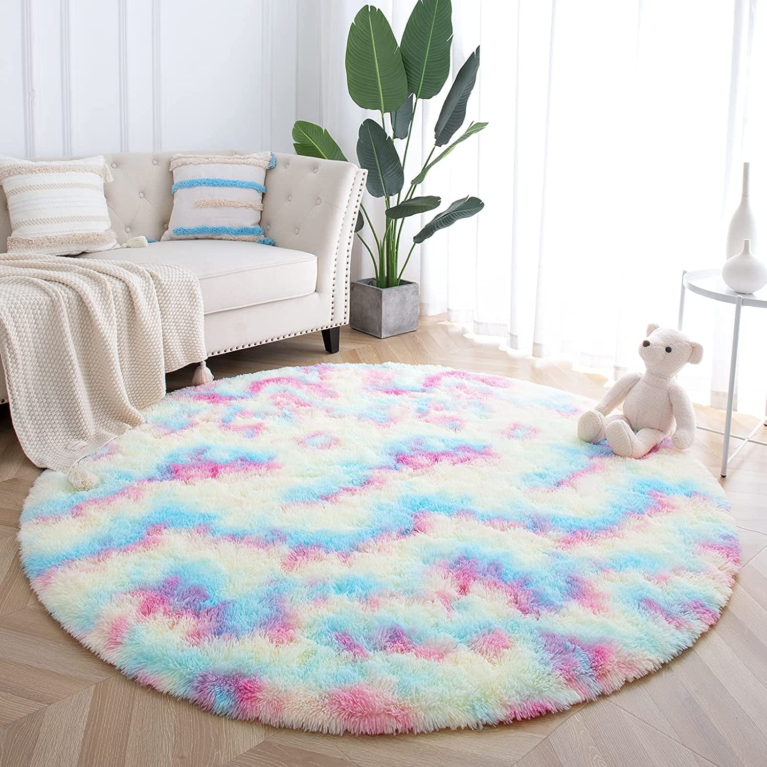 Junovo Round Fluffy Rainbow Area Rugs For Kids Girls Princess Castle ...