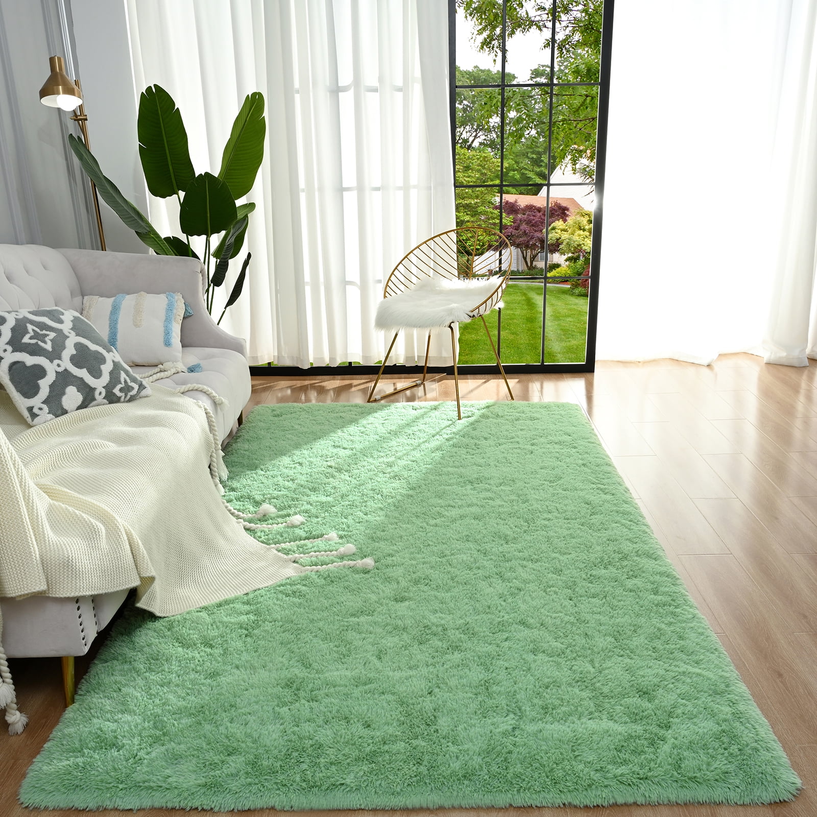 Junovo Plush Furry Shaggy Comfy Area Rug, 5'x8', Matcha Green for ...