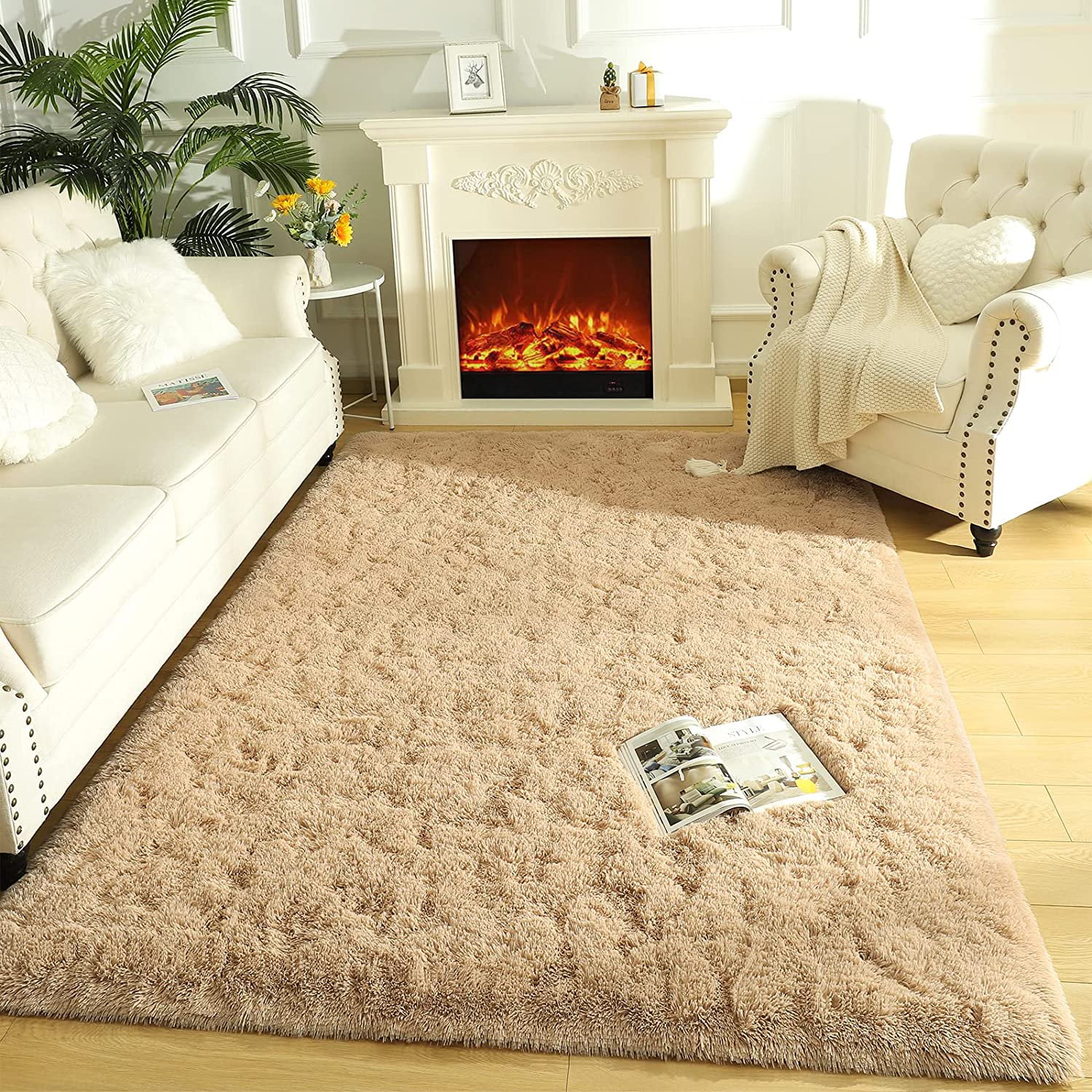 Junovo Plush Fuzzy Shaggy Comfy Large Area Rug, 5'x8', Tan for Bedroom ...