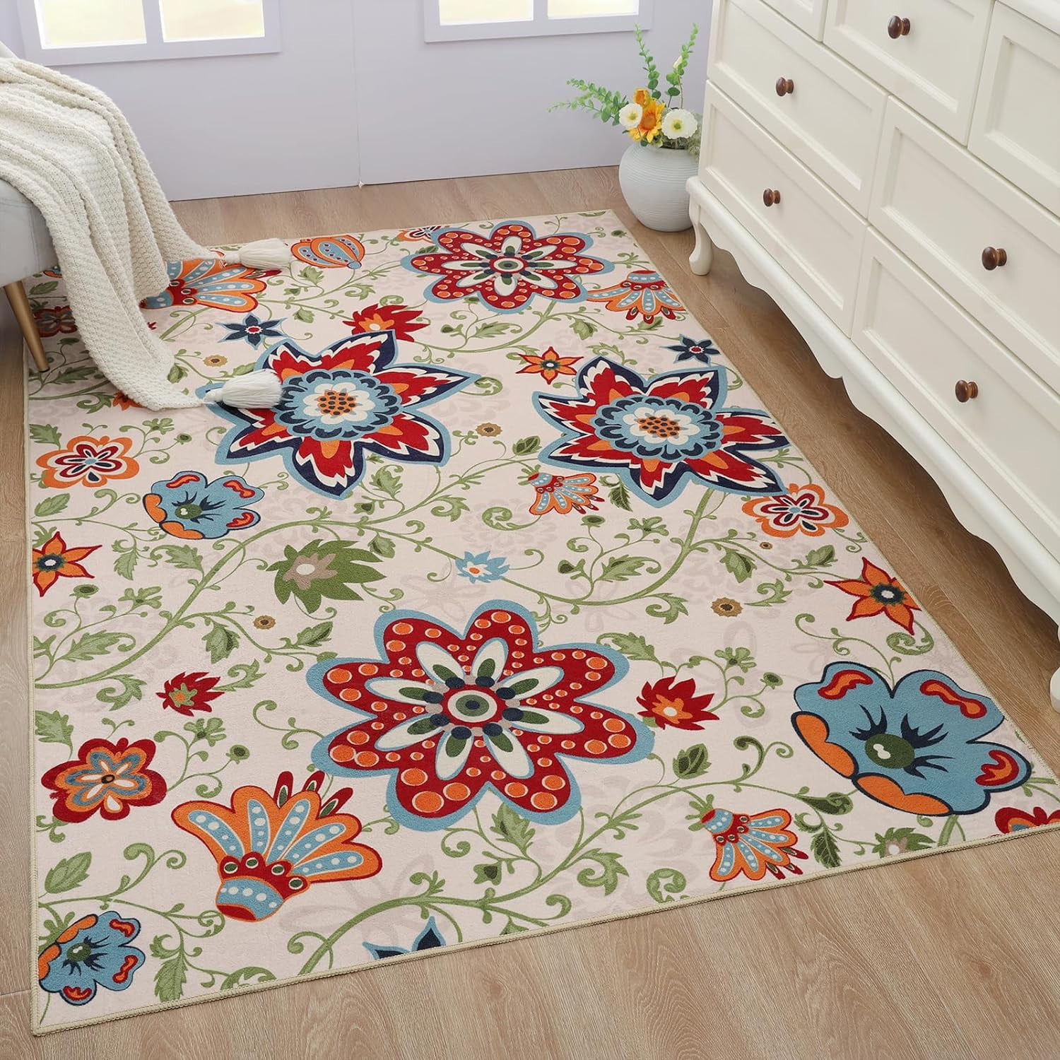 Junovo Vintage Floral Area Rug Non-Slip Large Accent Retro Rug for ...