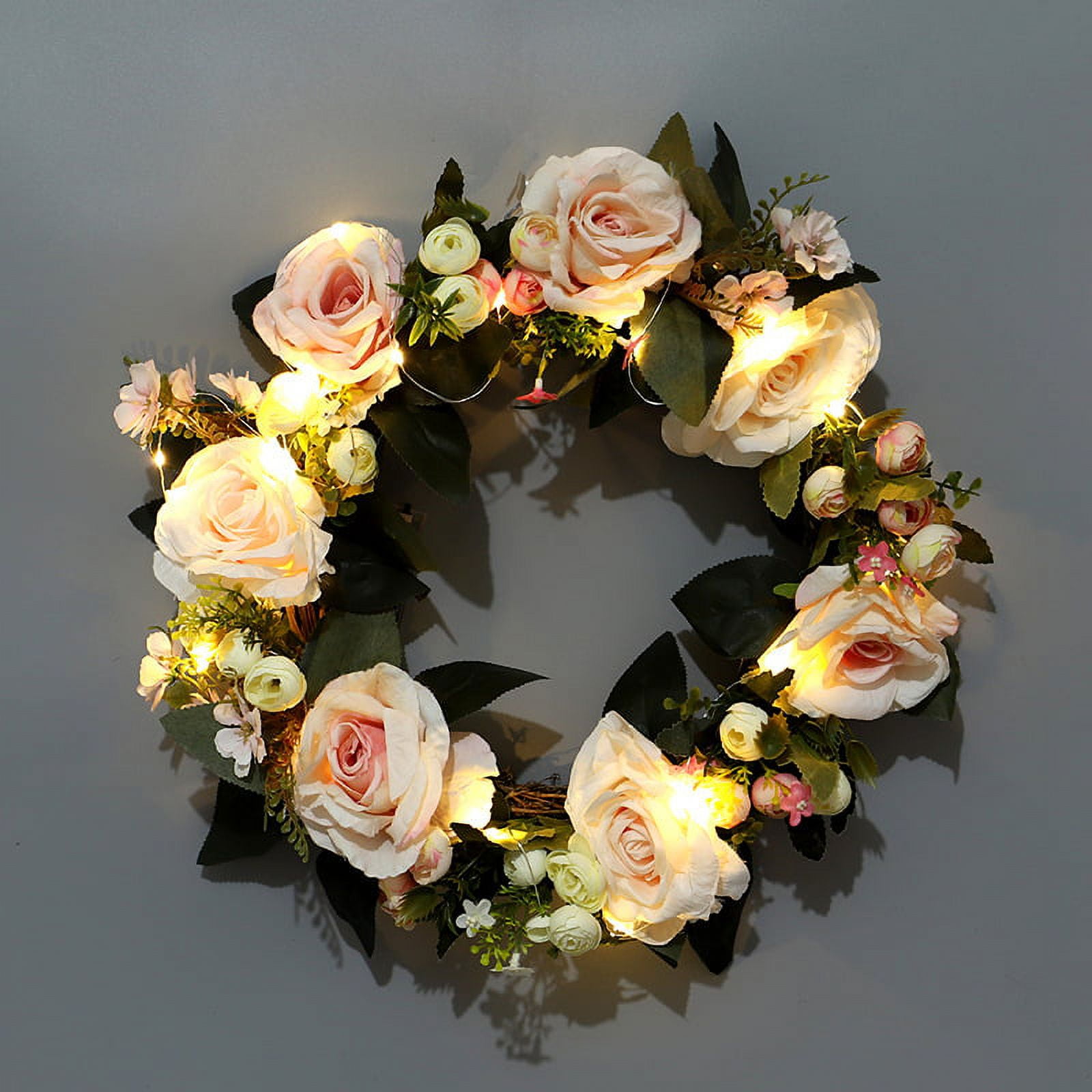 Juntful Floral Wreath Classic Flowers Rose Wreath with Lights for Home ...