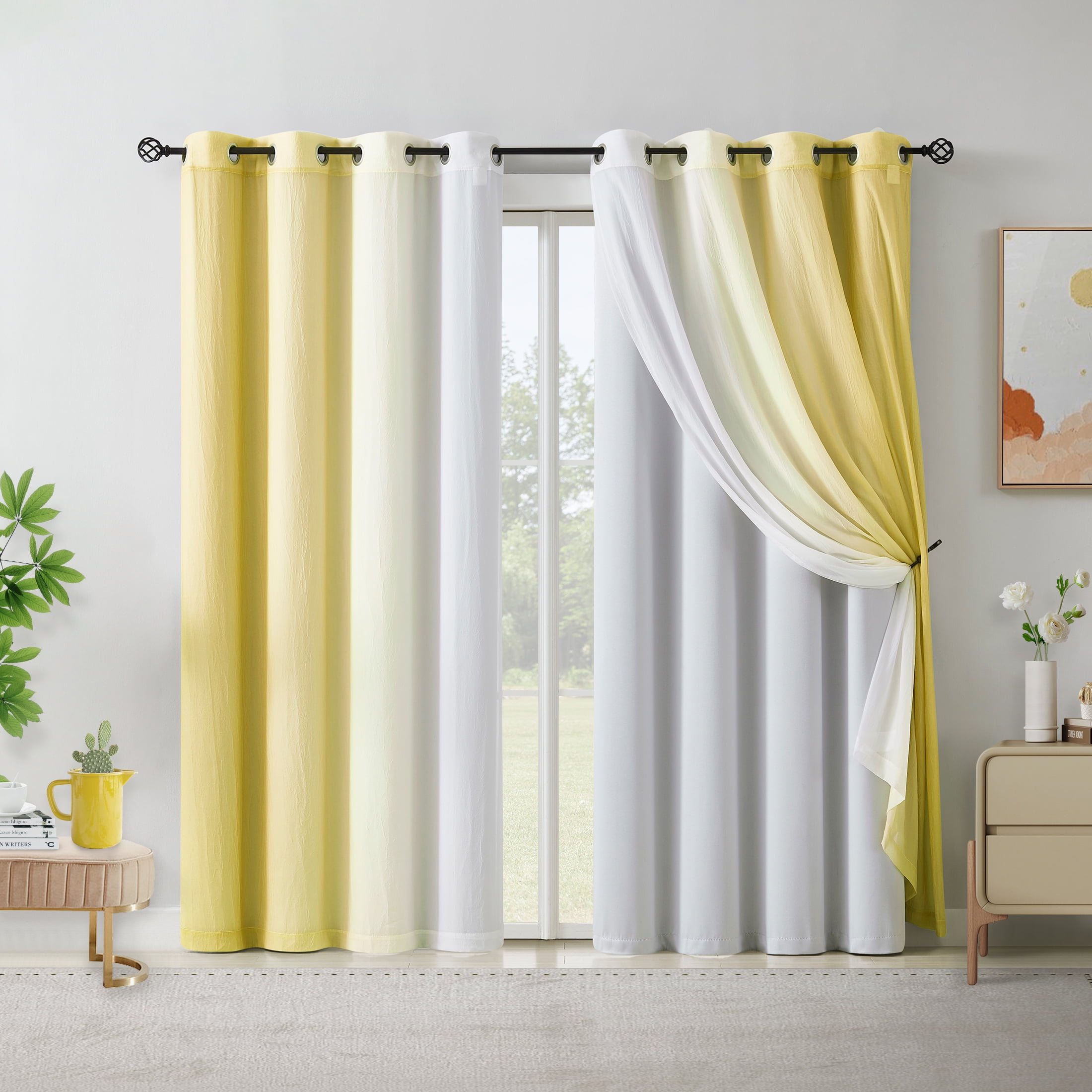 Junvictex Blackout Curtains & Yellow Ombre Sheers, 52"Wx95"L, 4pcs ...