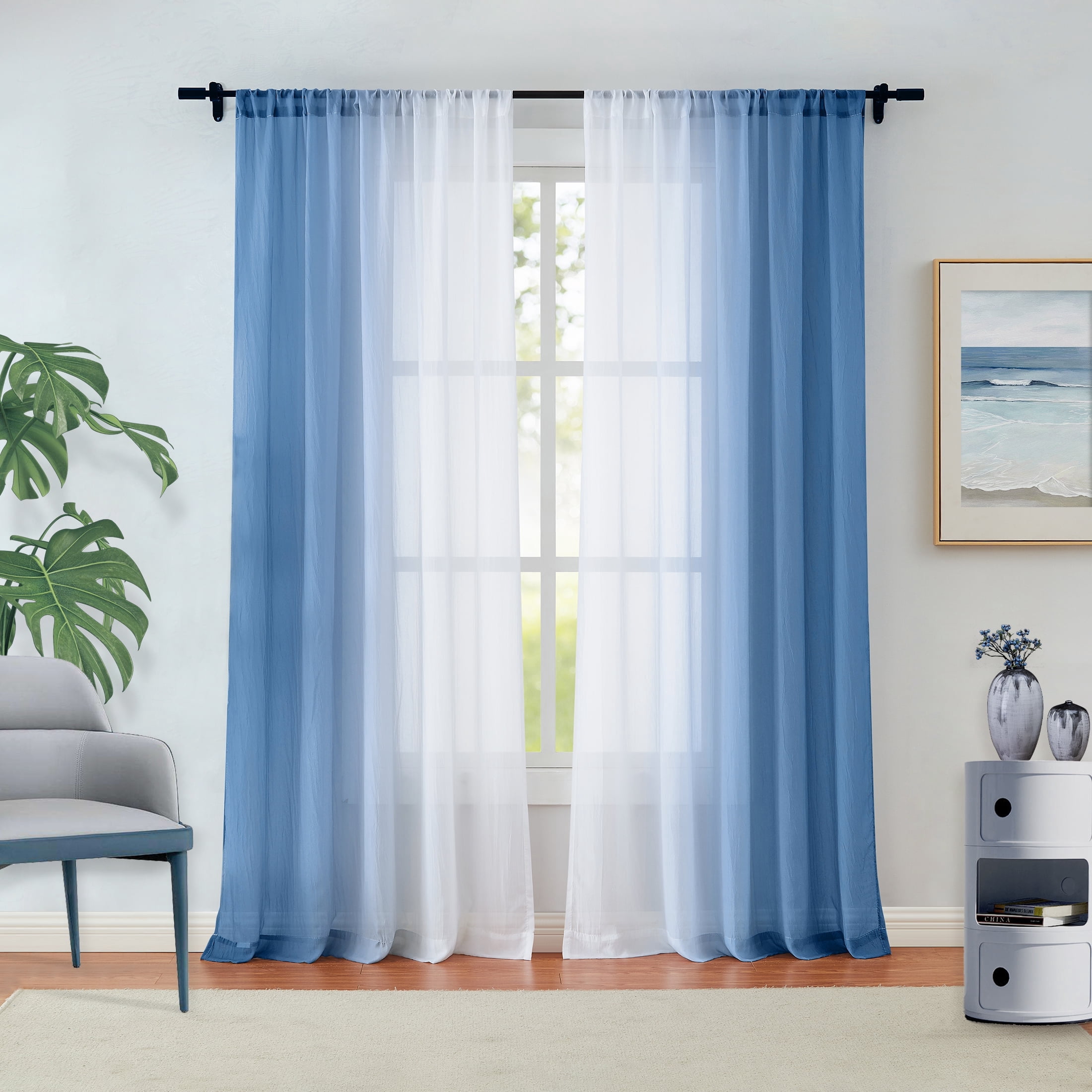 Junvictex Blue Ombre Crushed Chiffon Sheer Window Curtain Panels ...