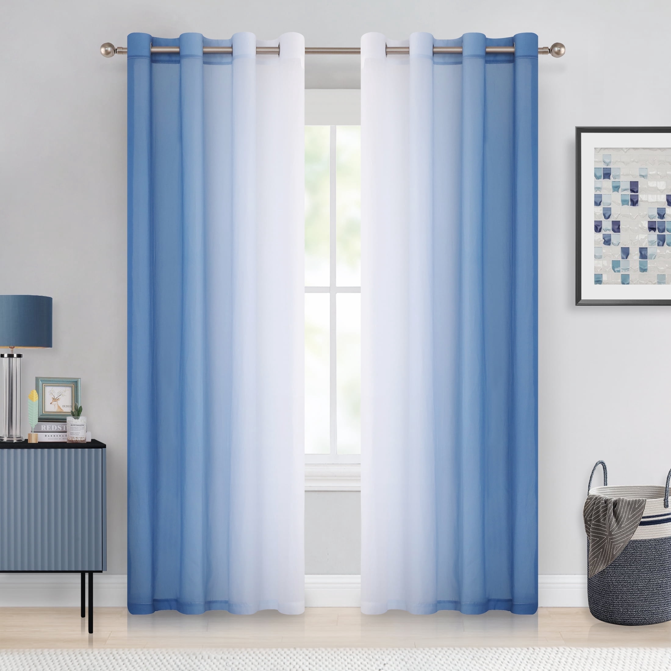 "Junvictex Semi-Sheer Ombre Blue Chiffon Window Curtain Panels 52""Wx63 ...