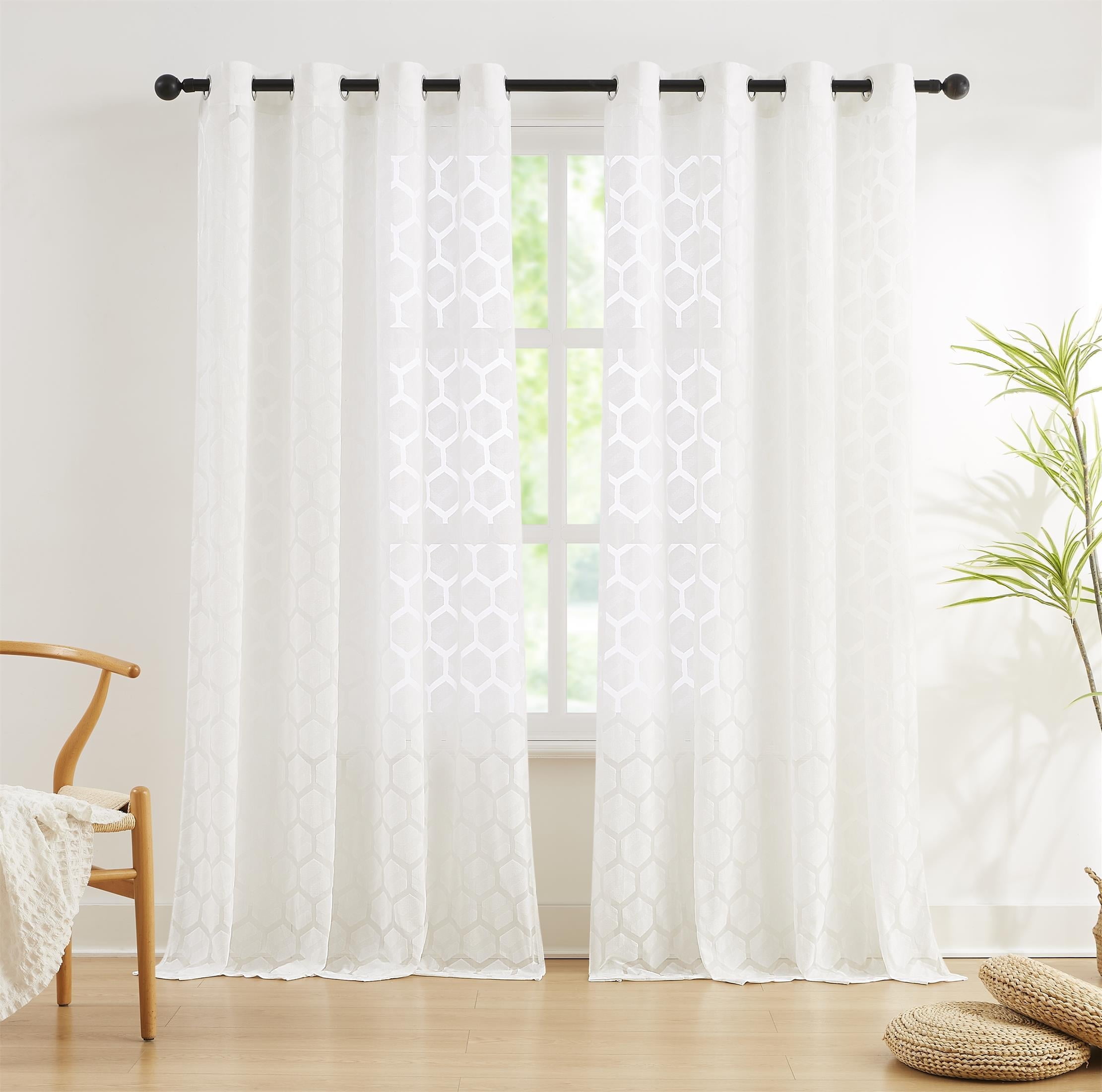 Junvictex Lace Sheer Curtains White for Bedroom Classic Geometric ...