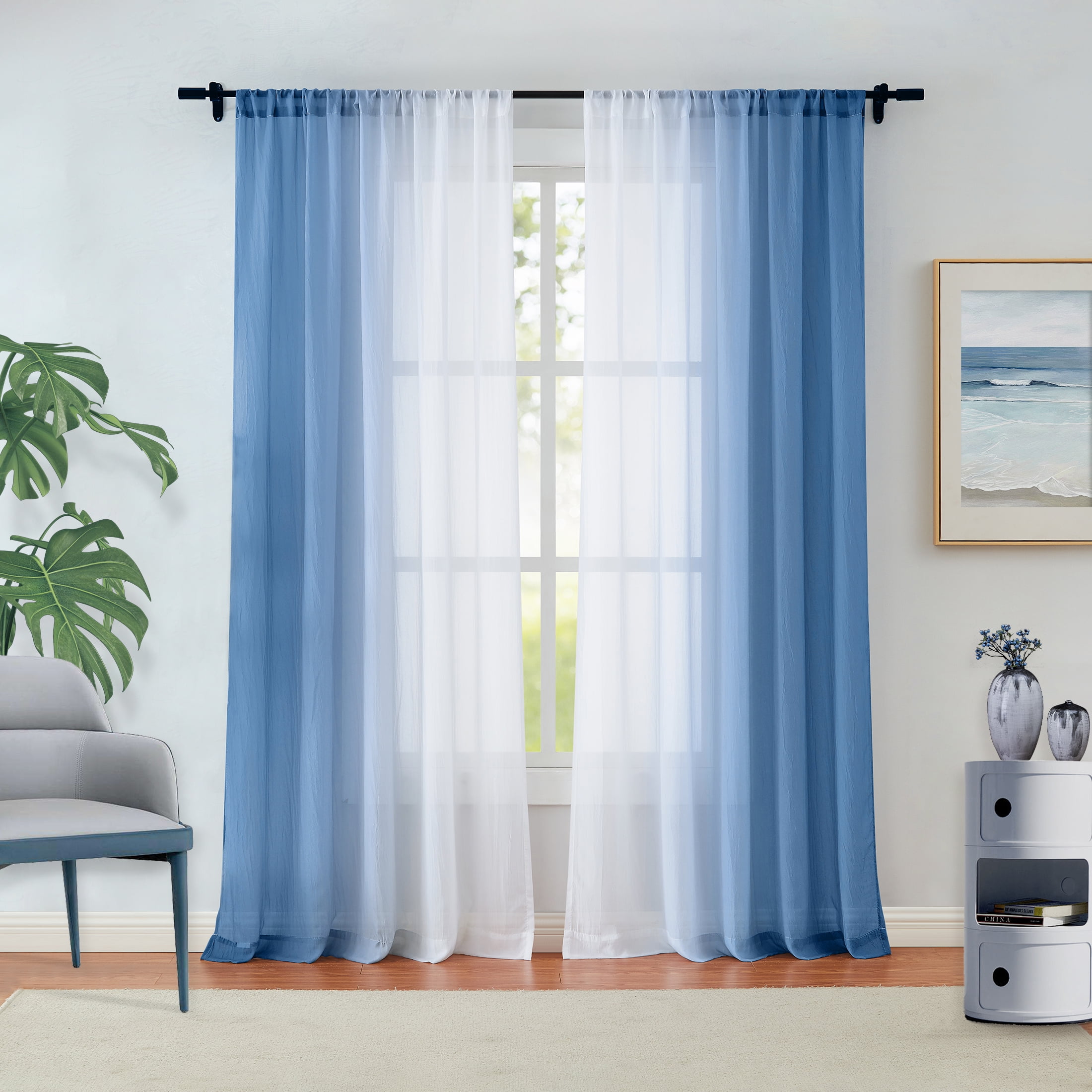 "Junvictex Ombre Chiffon Sheer Curtains for Living Room, Blue Crinkle ...