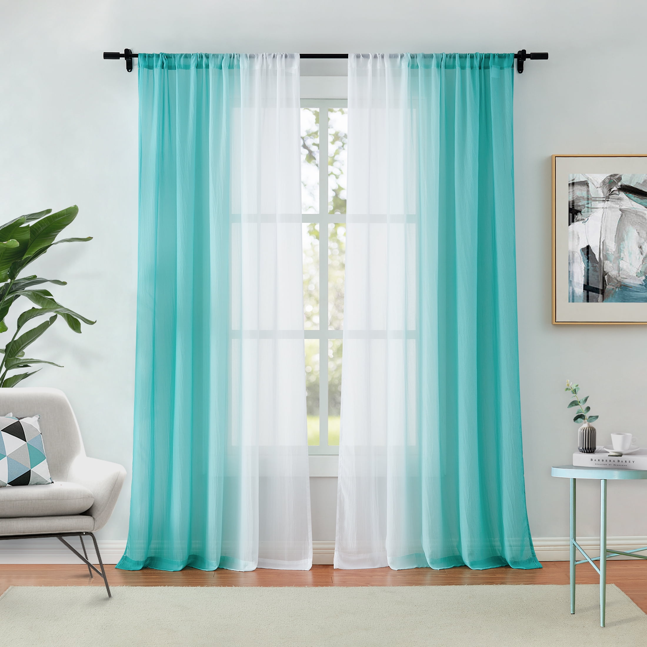 Junvictex Ombre Sheer Curtains, Crinkle Chiffon, Teal Gradient, Rod ...