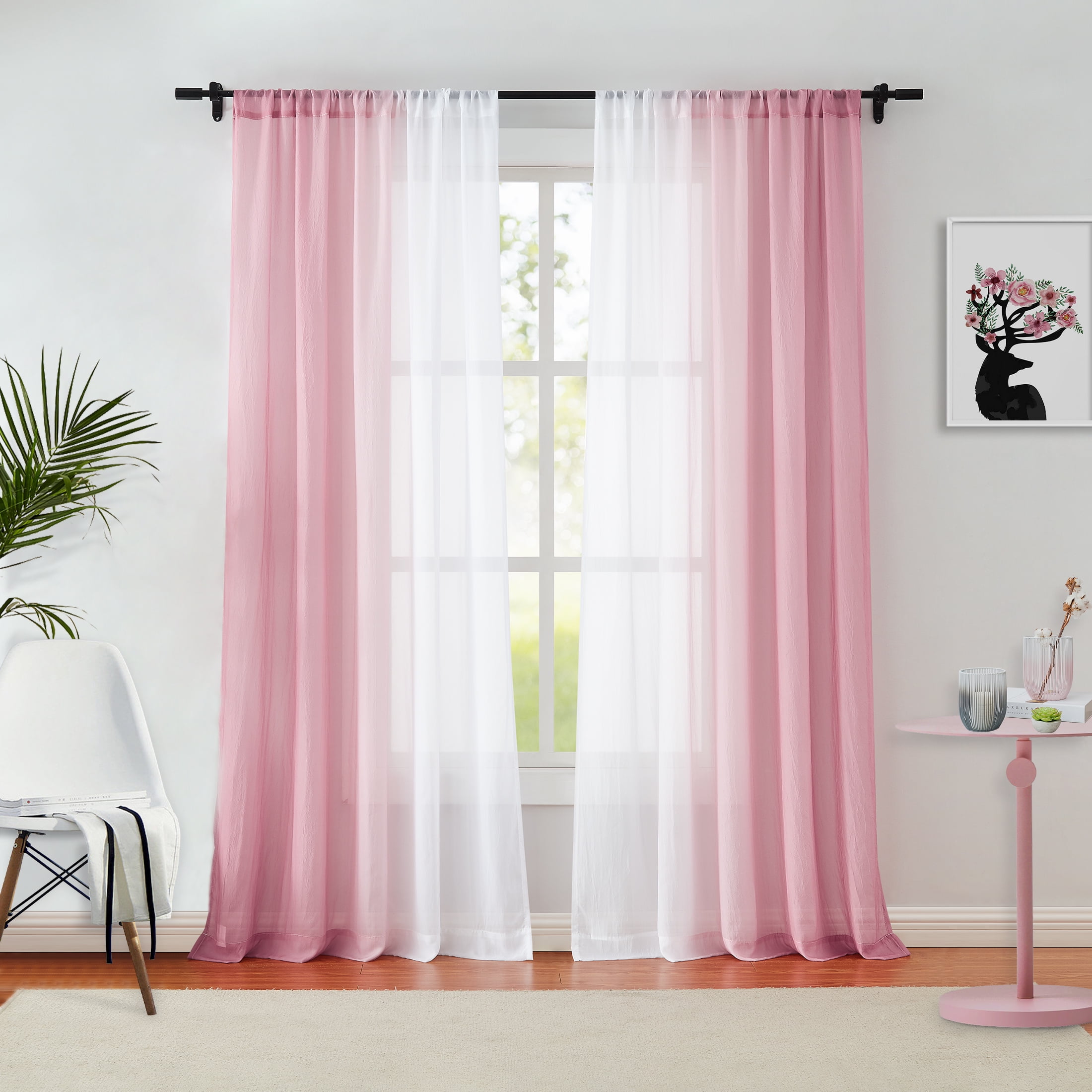 Junvictex Pink Ombre Chiffon Sheer Window Curtain Crinkle Voile Panels ...