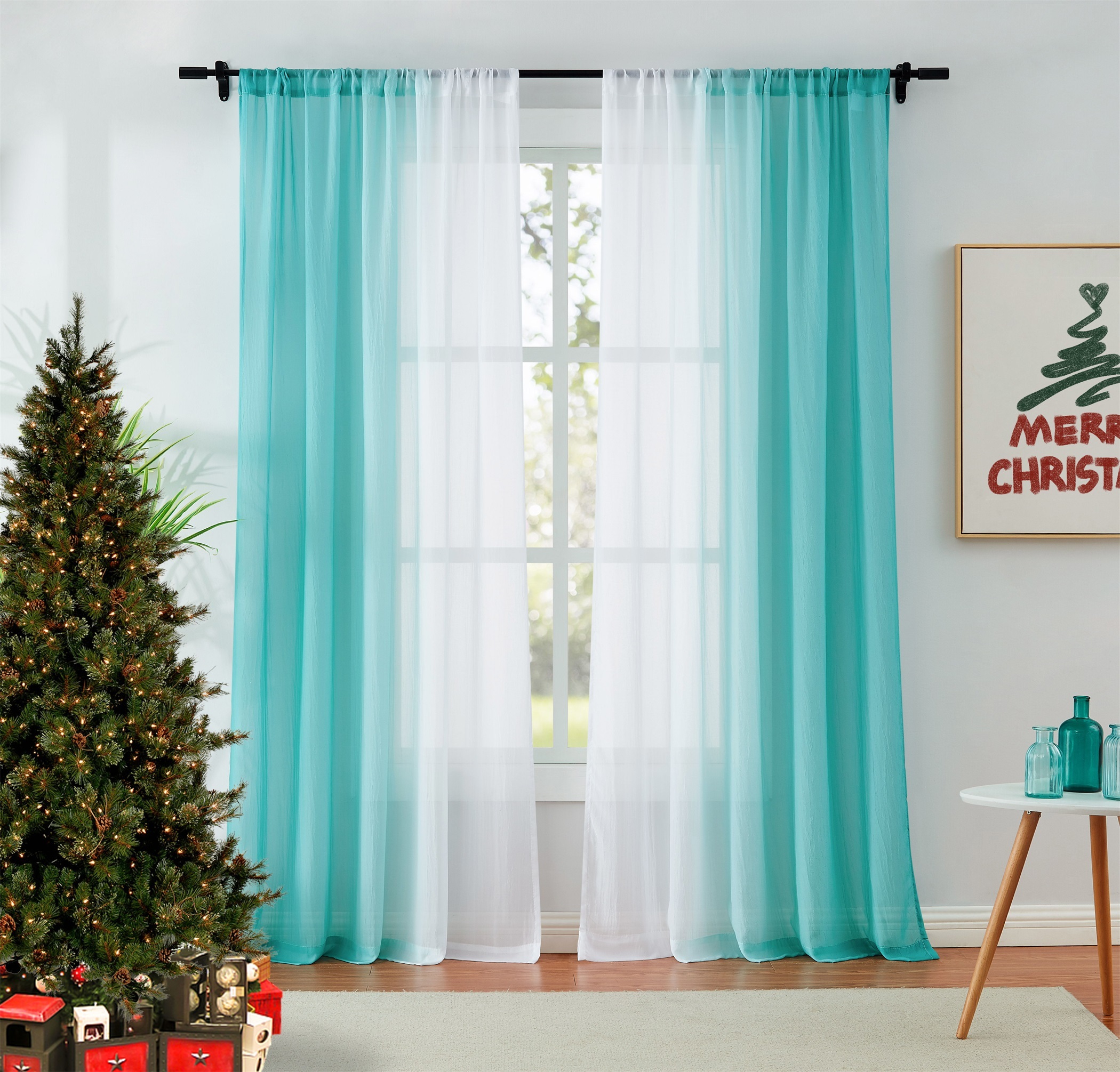 Junvictex Teal Ombre Crushed Chiffon Sheer Crinkle Curtains for Living ...