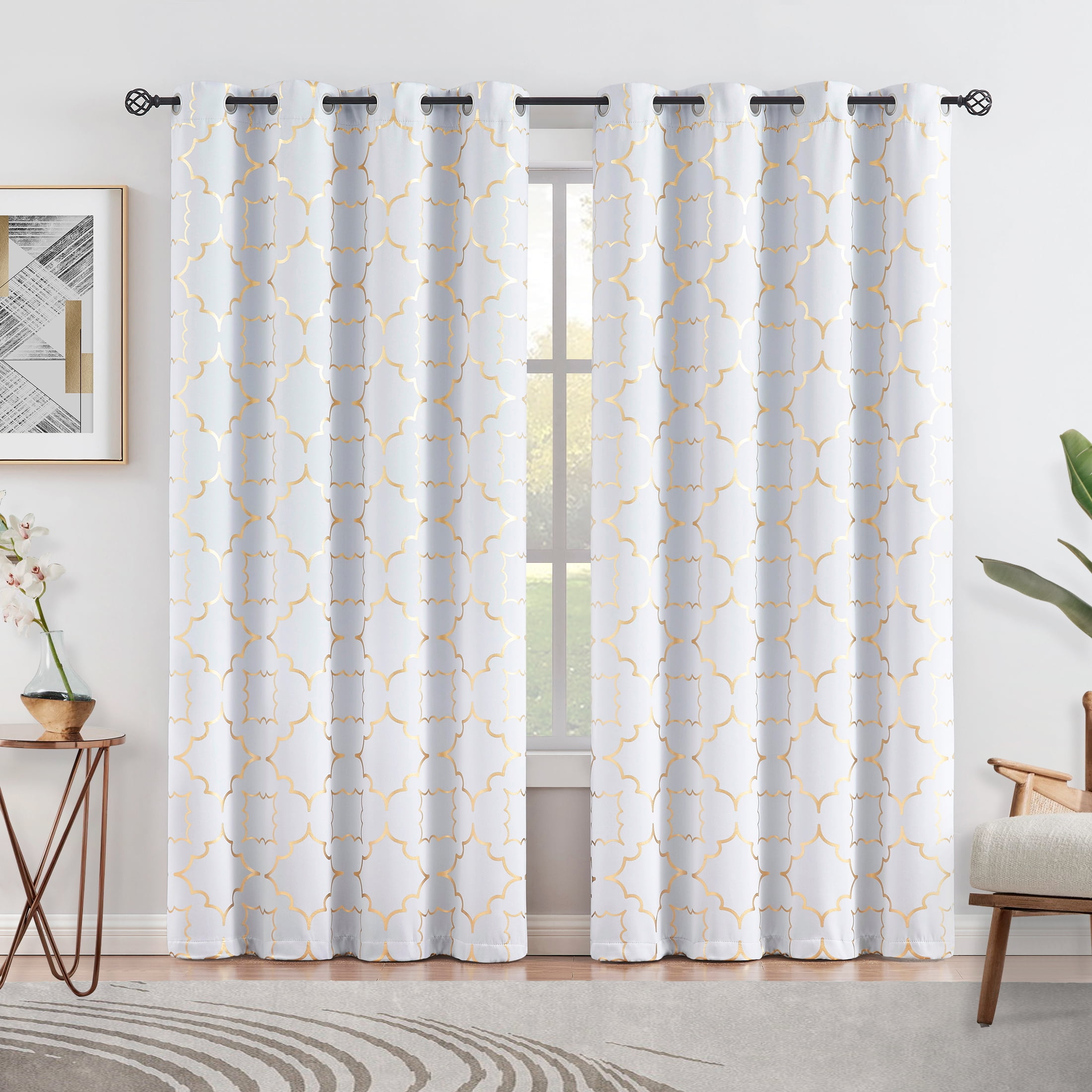 "Junvictex 2 Panels White Blackout Curtain with Gold Foil Moroccan Metallic Print, Grommet Top ...