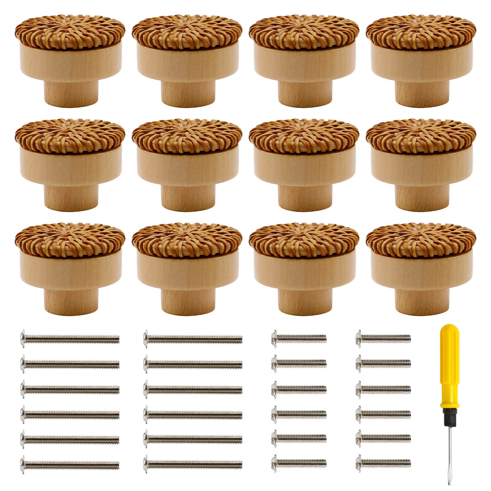 Junwapy 12 Pack Boho Rattan Dresser Knobs Durable Handmade Wooden Drawer Knobs Handmade Wicker ...