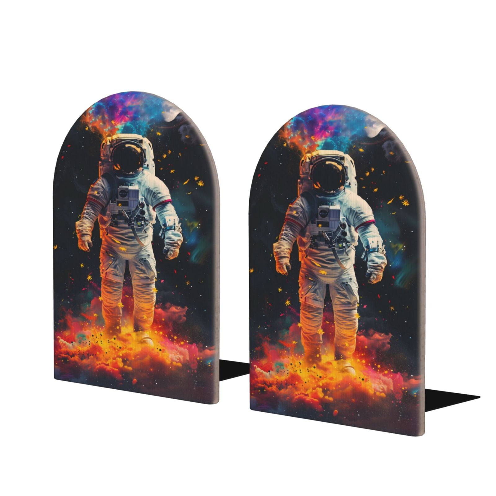 Junzan Astronaut Cosmic Rainbow for Wood Bookends,1 Pair Book Ends for ...