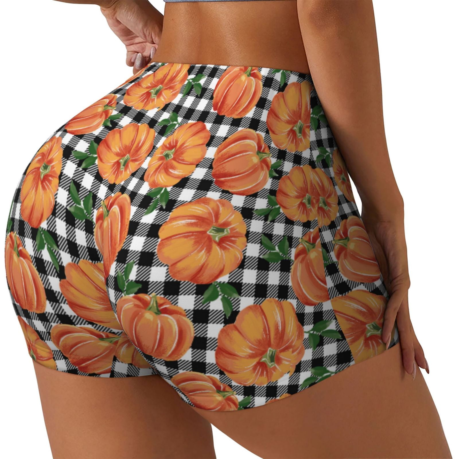 Junzan Autumn Pumpkins Gingham Pattern Women Workout Impact Shorts ...
