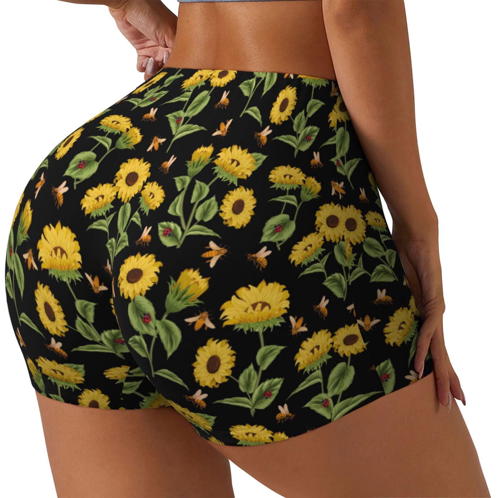 Junzan Bees and Sunflowers Pattern Women Workout Impact Shorts,Scrunch ...