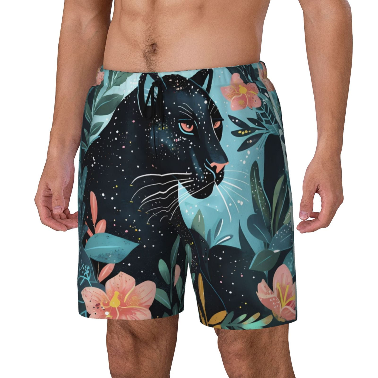 Junzan Black Panther Floral Illustration Print Swim Trunks Men Swim ...