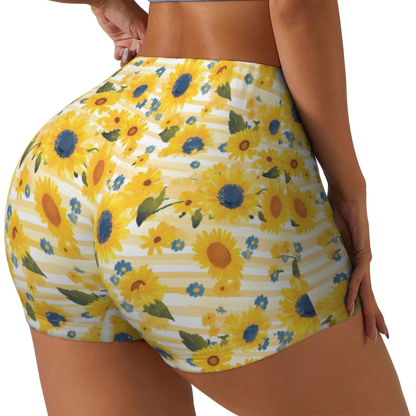 Junzan Blue Floral Sunflower Pattern Women Workout Impact Shorts,Scrunch Short Gym Yoga Running ...