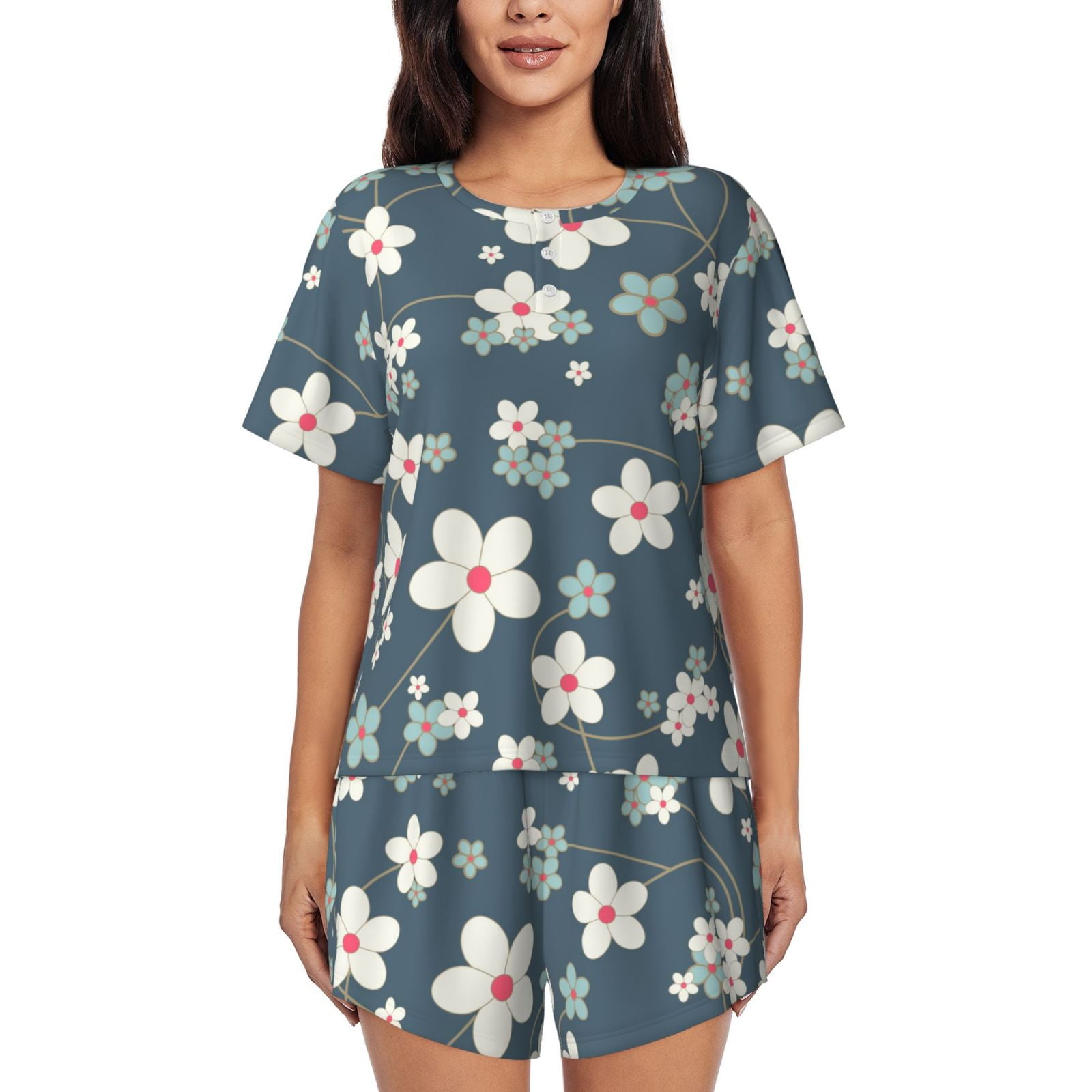 Junzan Blue Flower for Short-Sleeved Pajama Set for Women,2 Piece Short ...