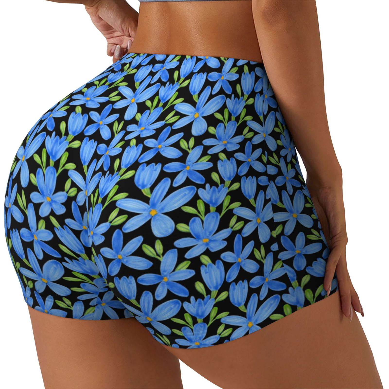 Junzan Blue Flowers Pattern Women Workout Impact Shorts,Scrunch Short ...