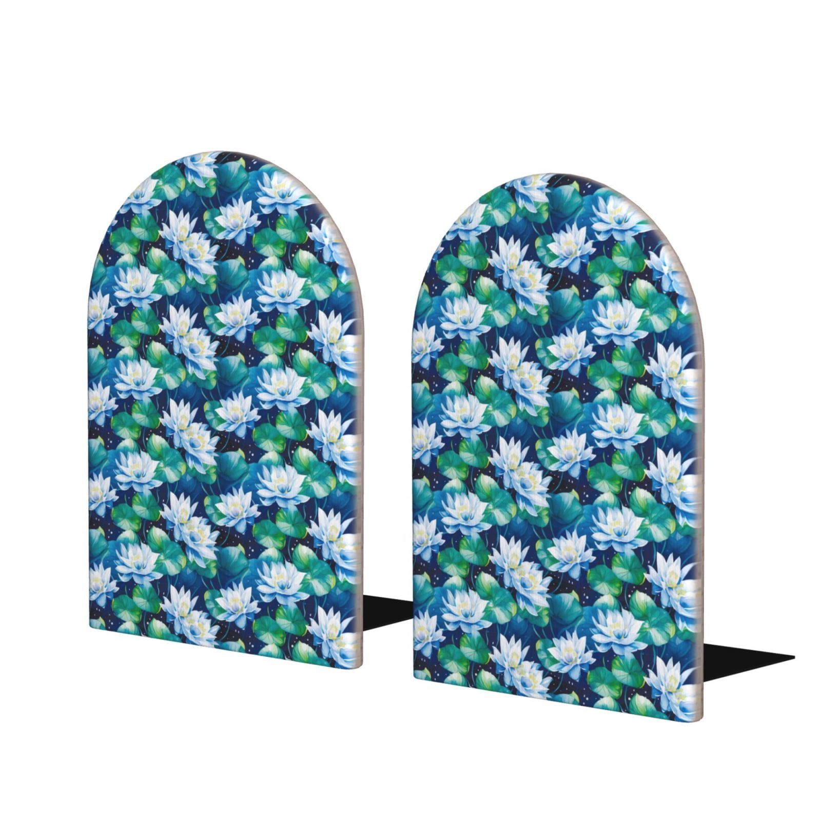 Junzan Blue Lotus Flower for Wood Bookends,1 Pair Book Ends for Shelves ...