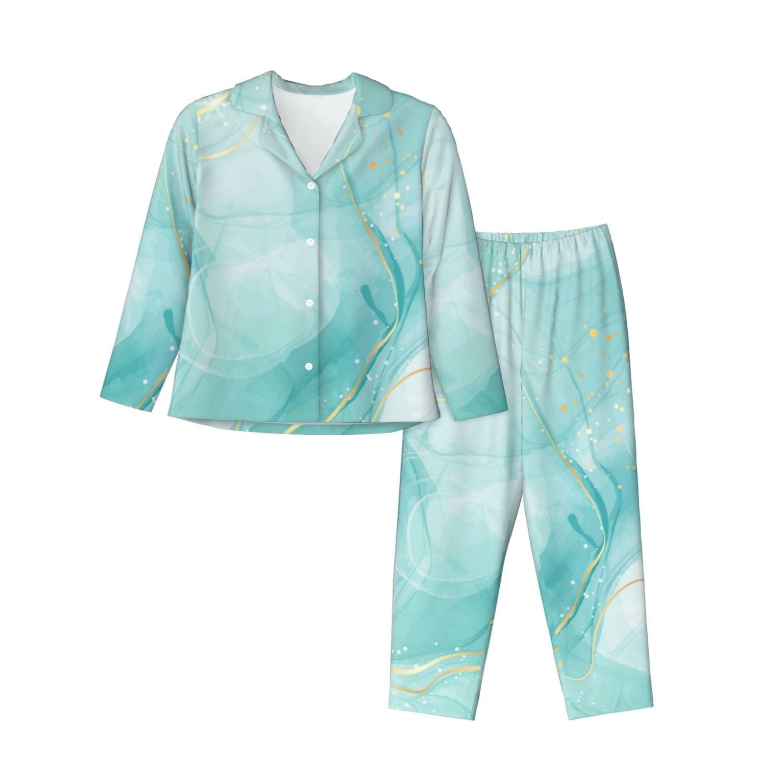 Junzan Blue Marble Print Womens Pajama Sets,Long Sleeve Button Down For ...