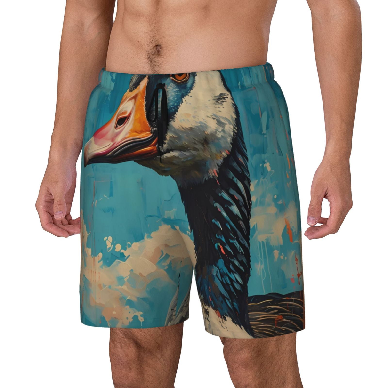 Junzan Blue Watercolor Duck Print Swim Trunks Men Swim Shorts with ...
