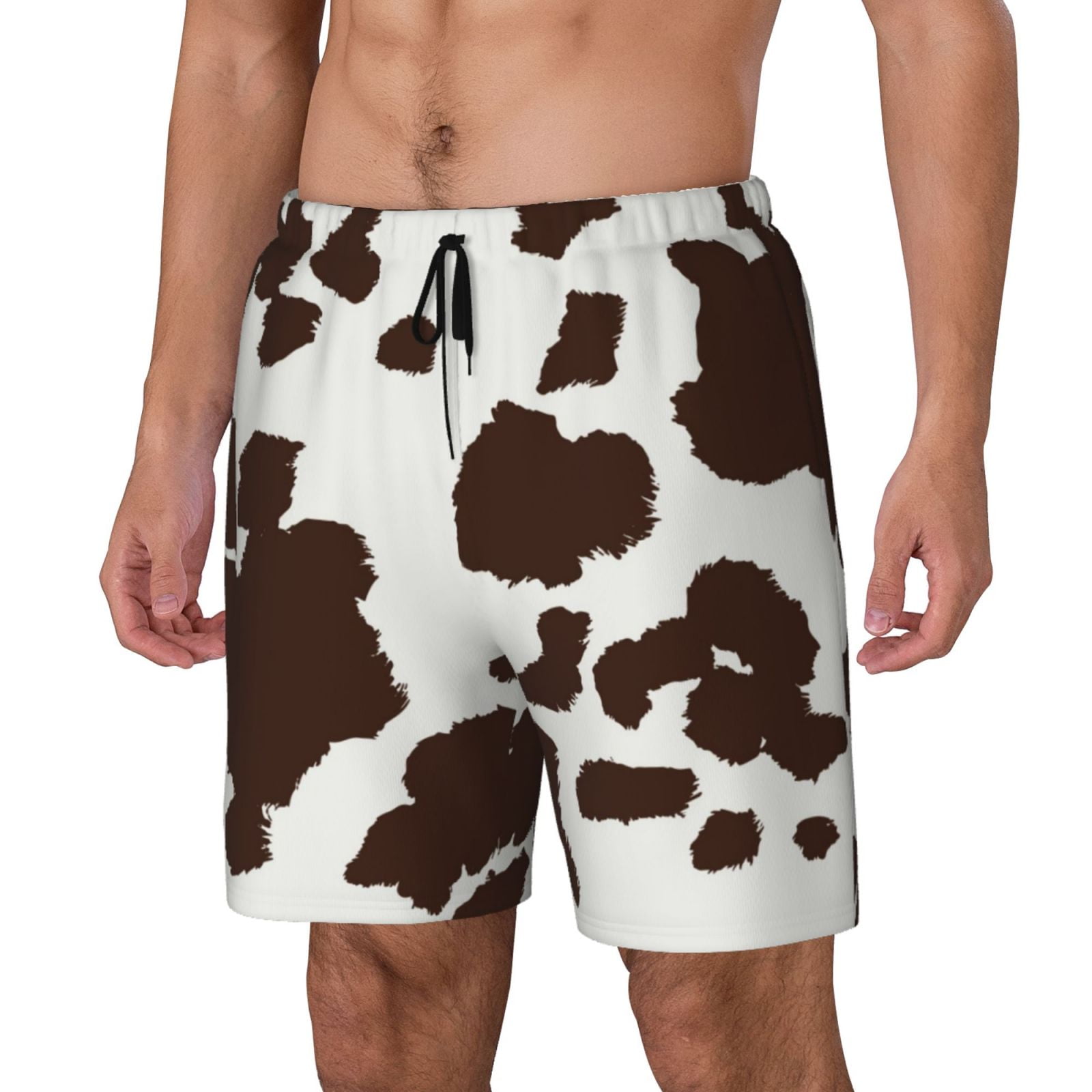 Junzan Brown Cow Print Swim Trunks Men Swim Shorts with Built-in Compression Liner Funny ...