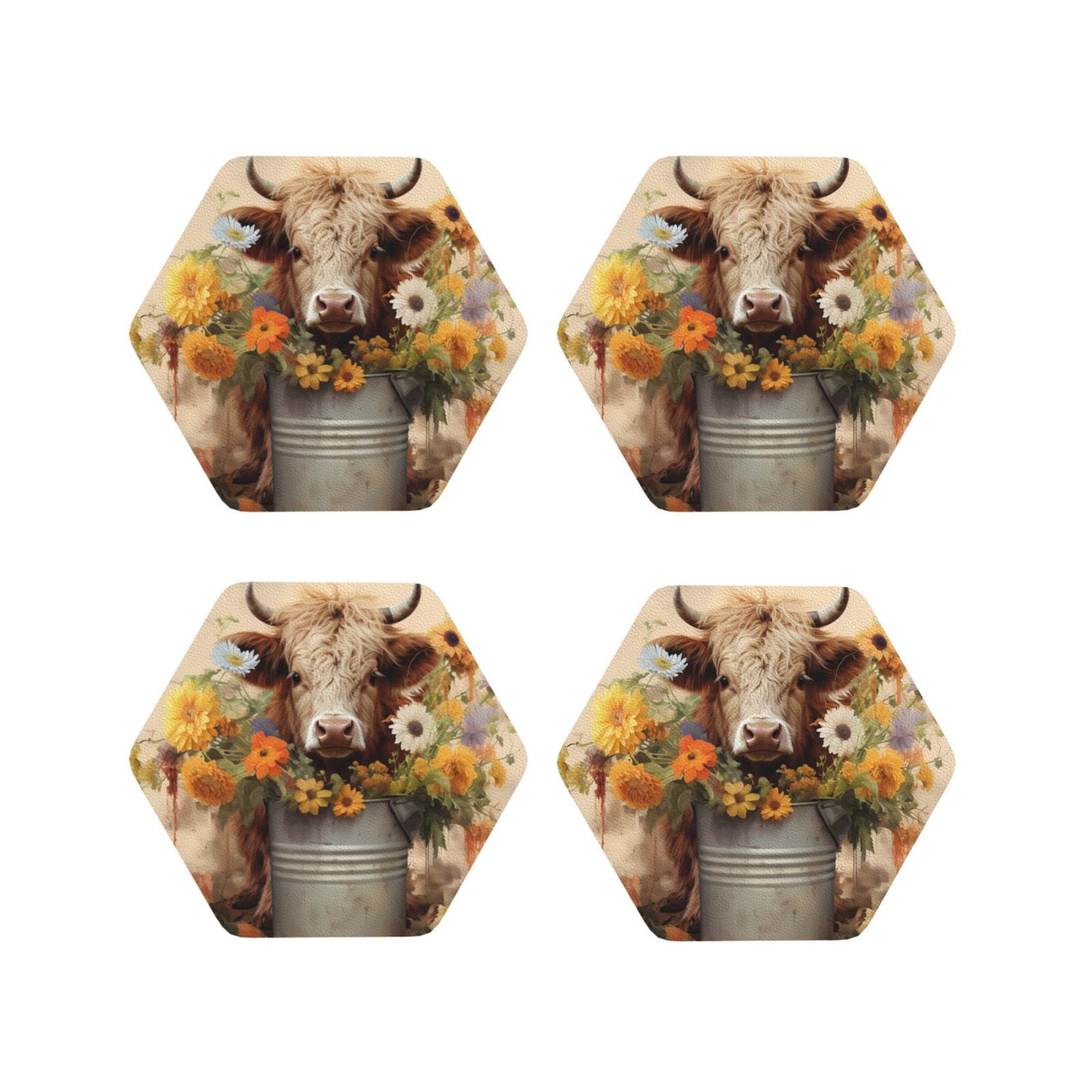 Junzan Bucket Flower Cow Print Coasters for Drinks - Leather Coasters ...