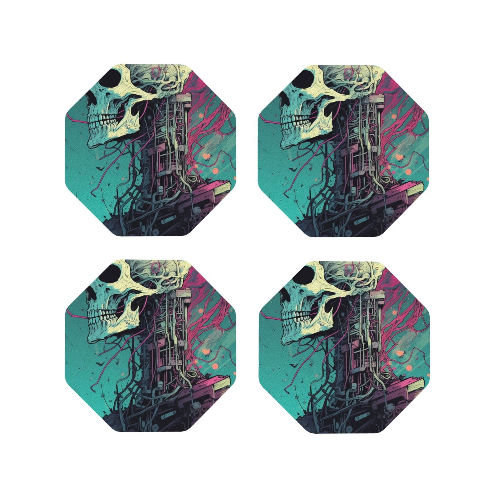 Junzan Cartoon Art Skull Print Coasters for Drinks - Leather Coasters ...
