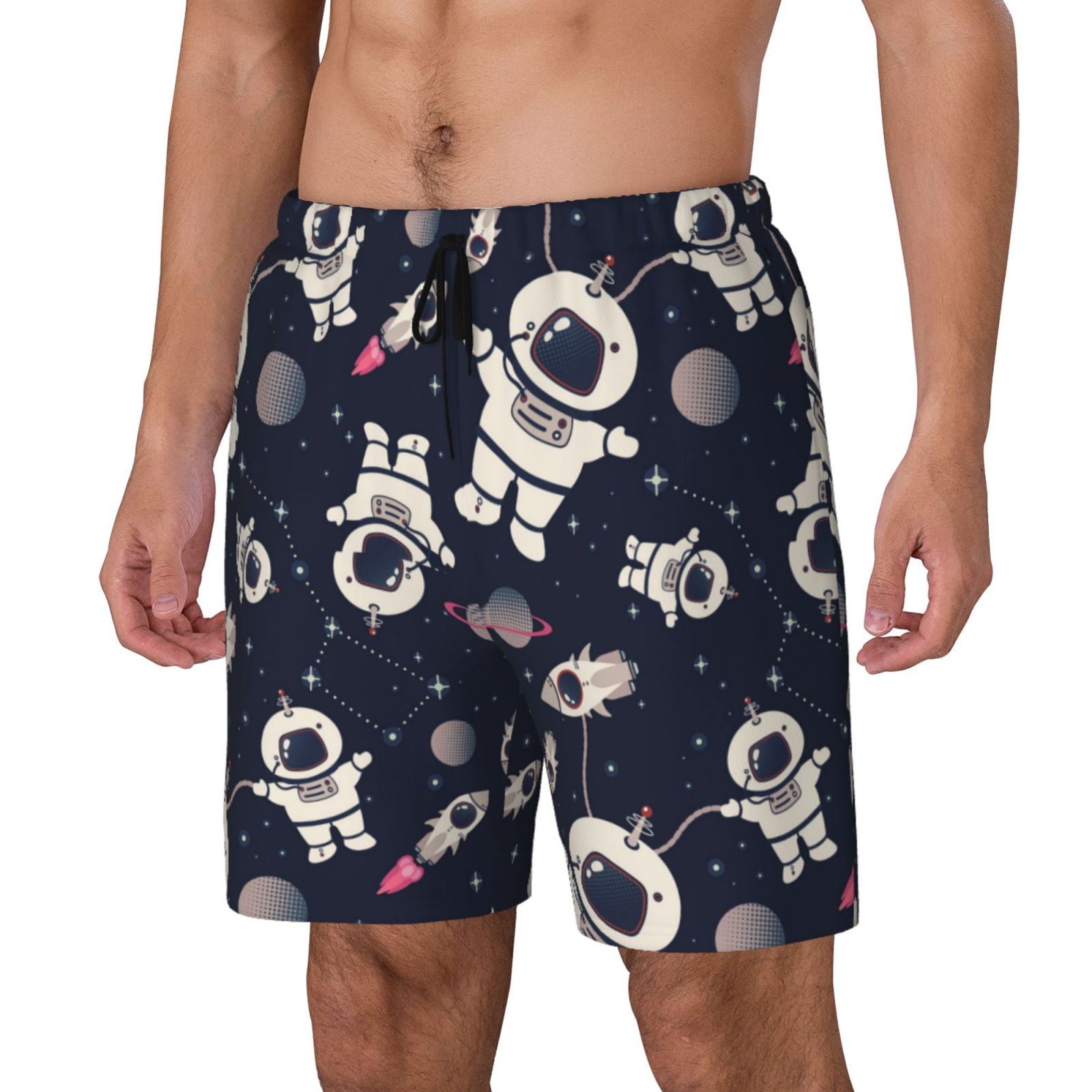 Junzan Cartoon Spaceship Print Swim Trunks Men Swim Shorts with Built ...