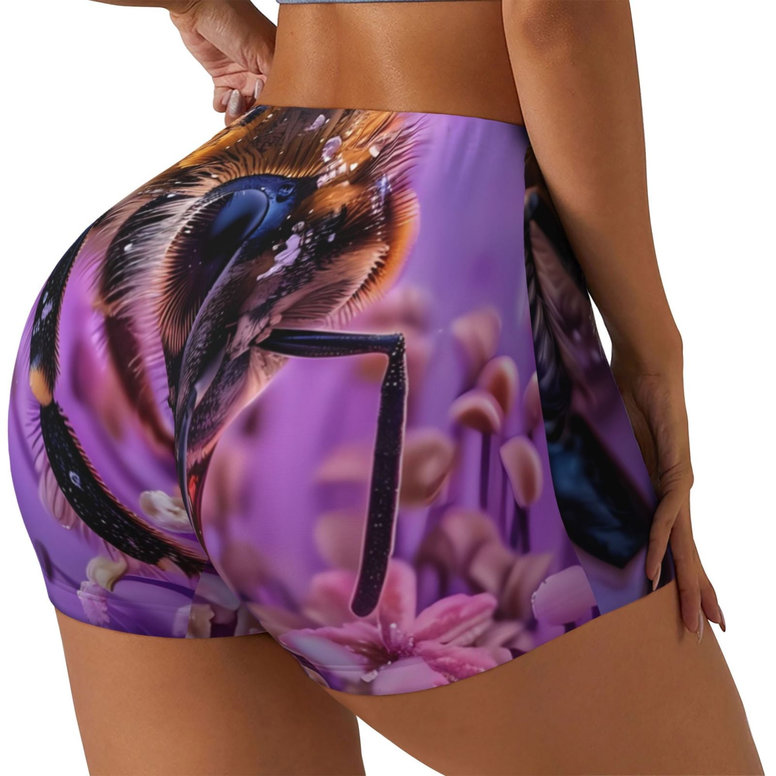 Junzan Closeup Honeybee on Flower Pattern Women Workout Impact Shorts,Scrunch Short Gym Yoga ...