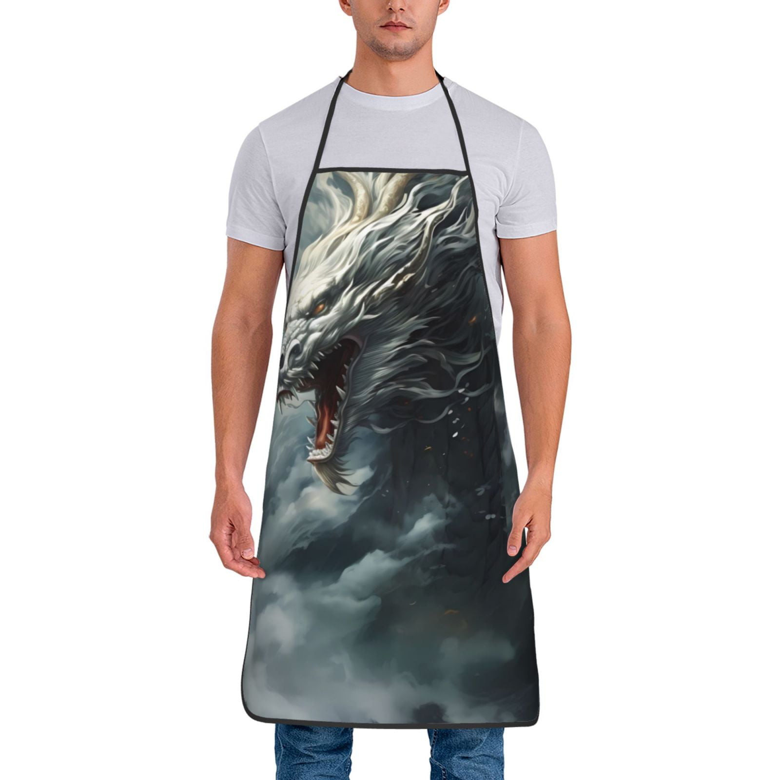 Junzan Cloud White Dragon Print Kitchen Cooking Aprons, Chef Apron for ...