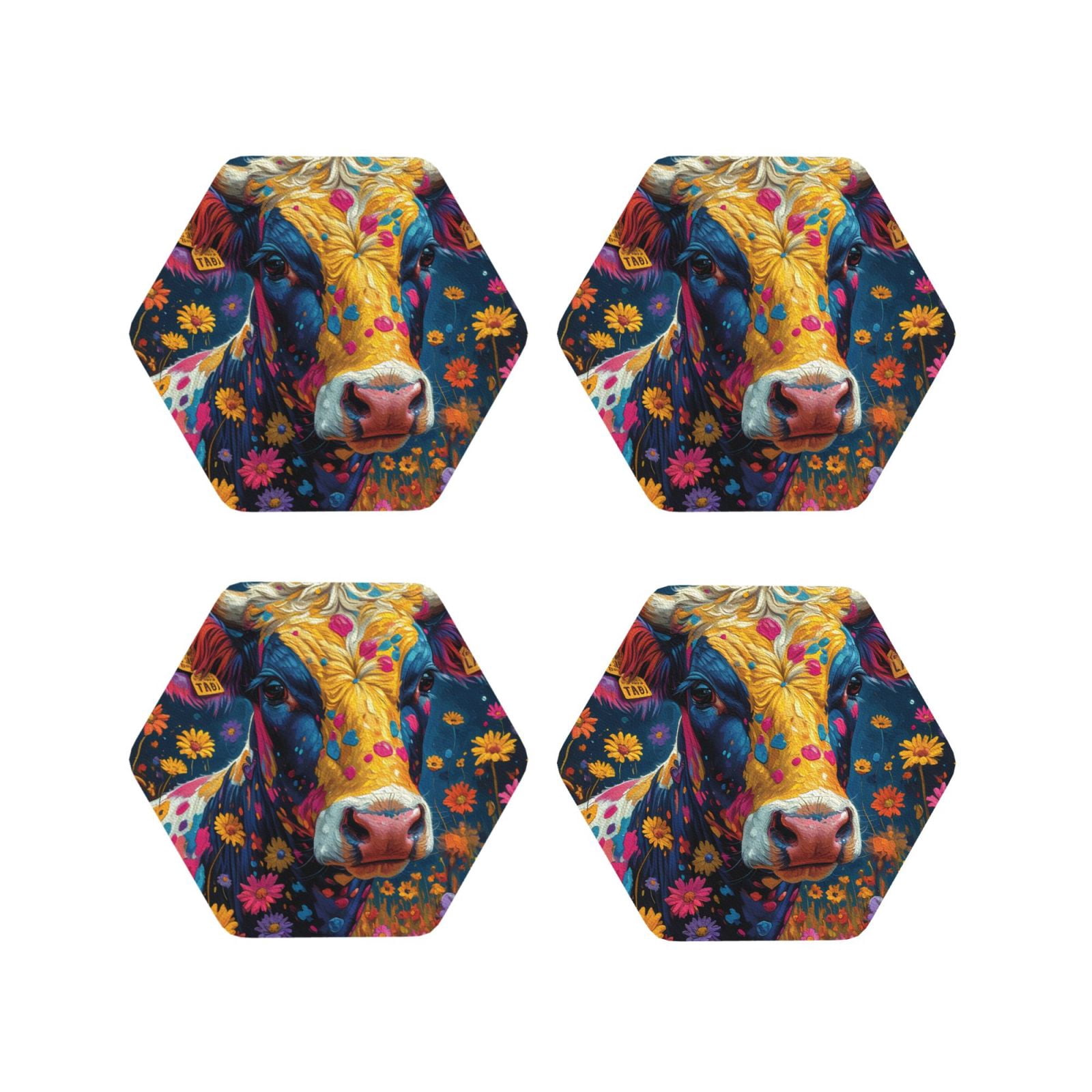 Junzan Colorful Daisy Sunflower Cow Print Coasters for Drinks - Leather ...