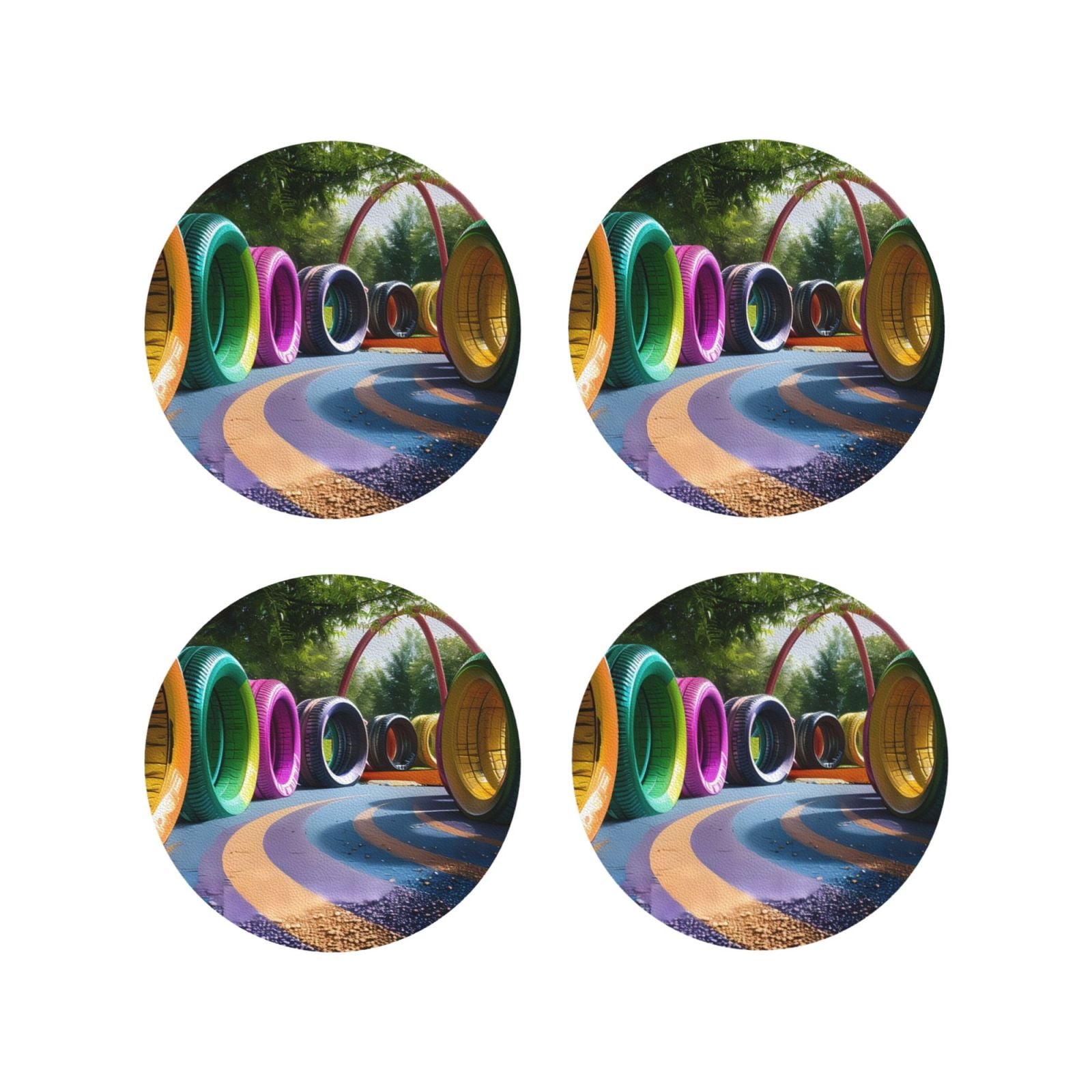 Junzan Colorful Tire Tunnel Park Print Coasters for Drinks - Leather ...