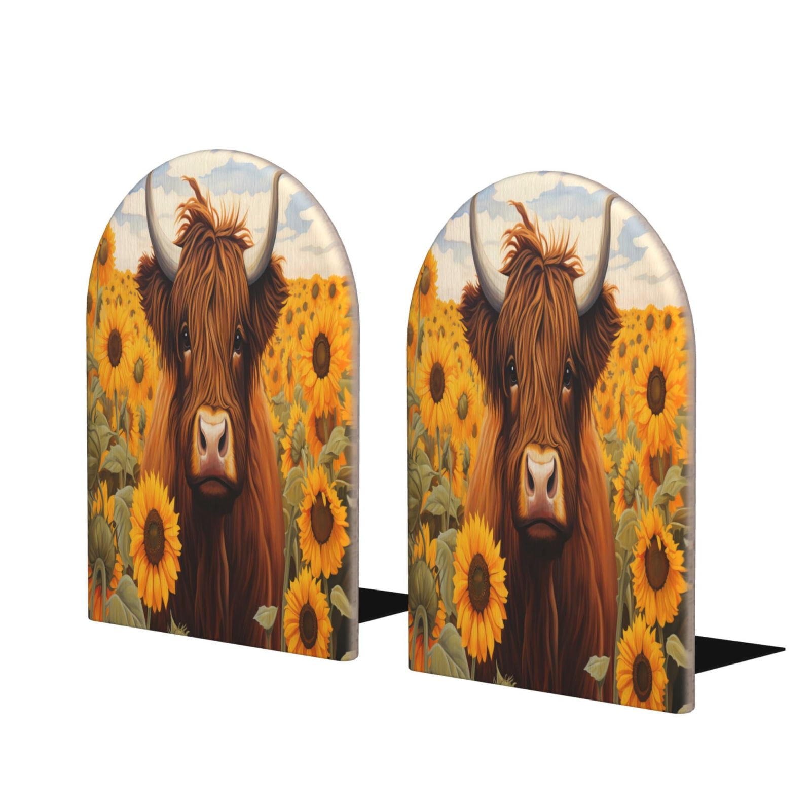 Junzan Countryside Sunflower Cow for Wood Bookends,1 Pair Book Ends for ...