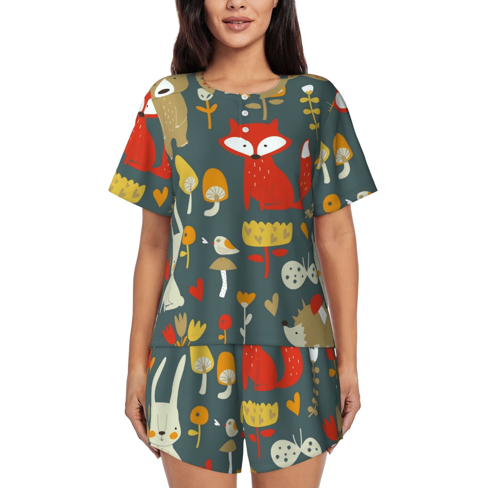 Junzan Cute Animal Forest for Short-Sleeved Pajama Set for Women,2 ...