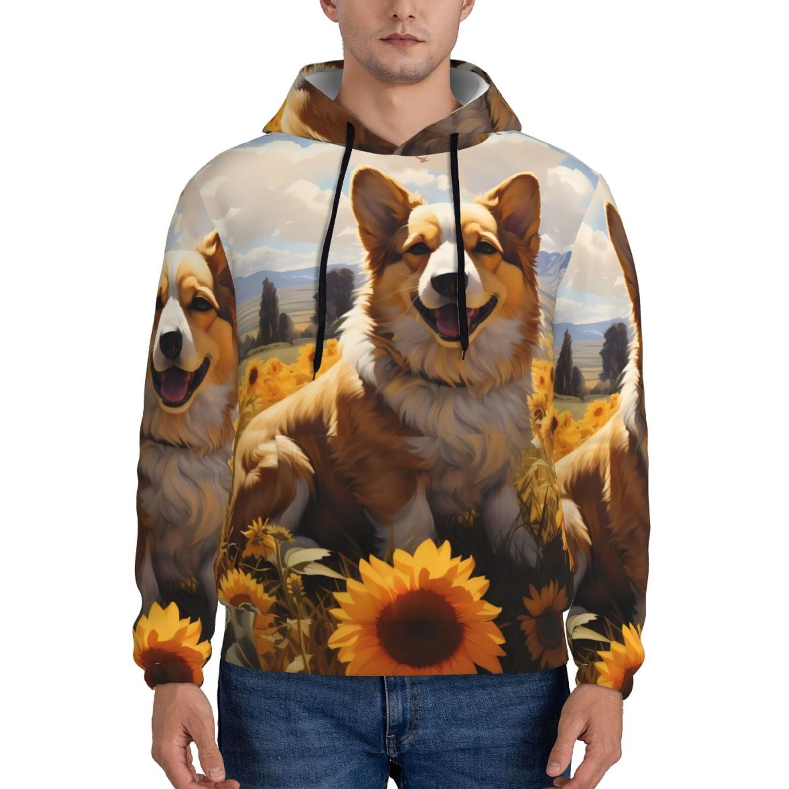 Junzan Cute Corgi Sunflower for Men's Hoodie - Fall Pullover Hooded ...