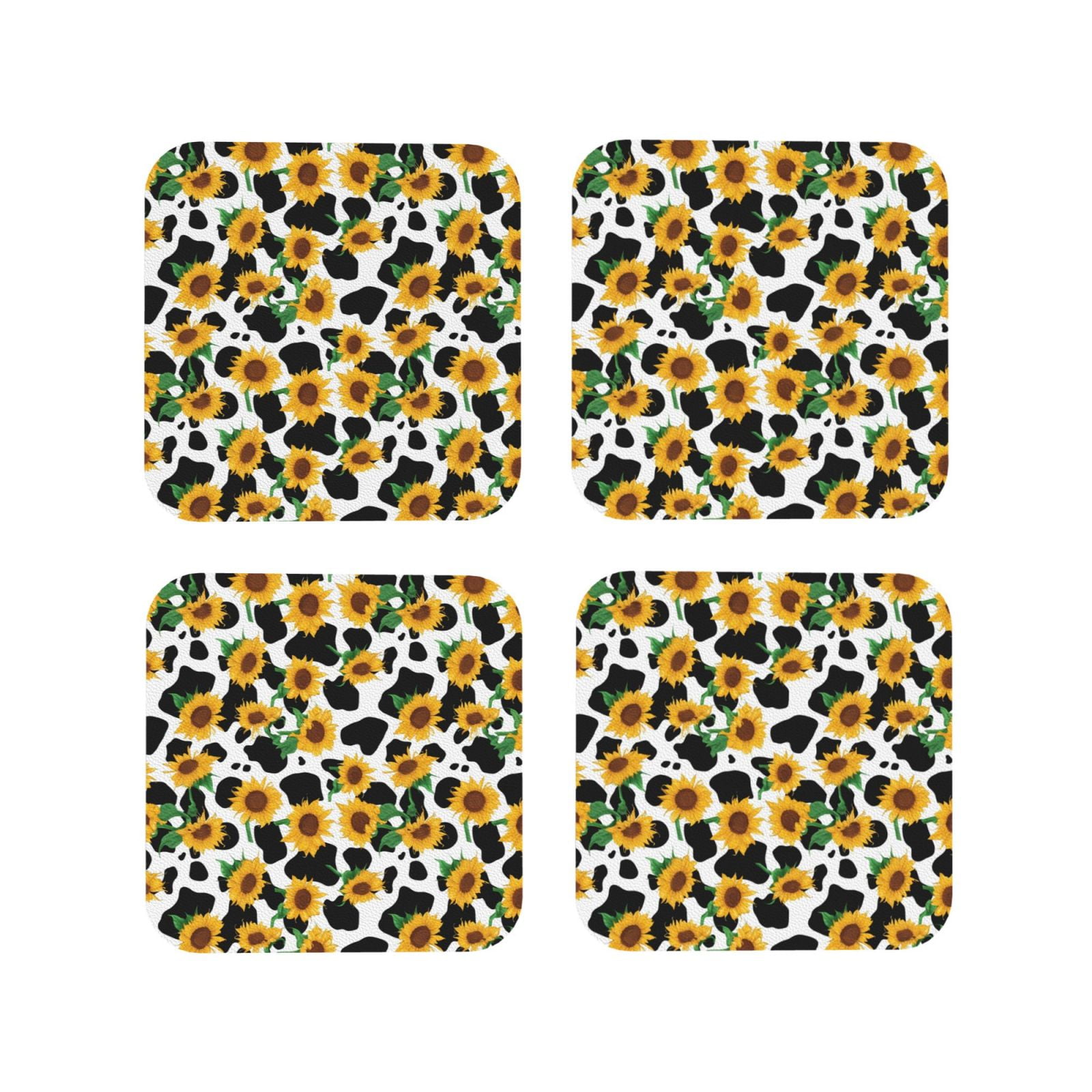 Junzan Cute Cow Print Sunflower C Print Coasters for Drinks - Leather ...