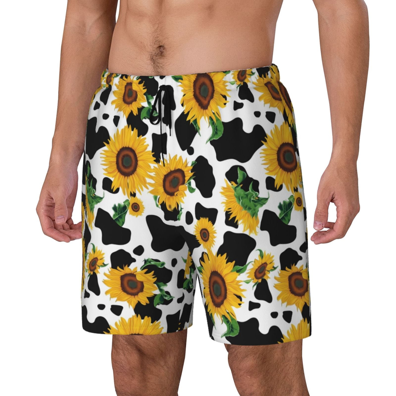 Junzan Cute Cow Print Sunflower D Print Swim Trunks Men Swim Shorts ...