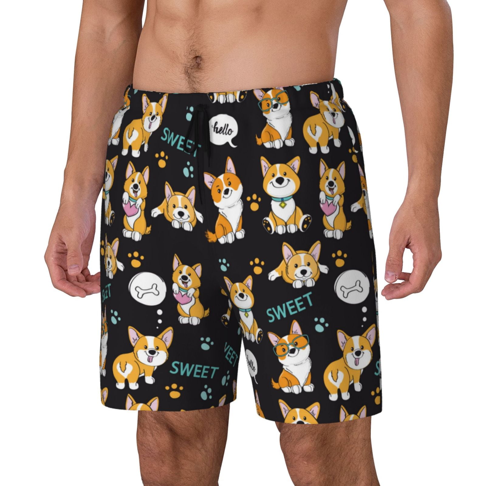 Junzan Cute Dogs Corgi Print Swim Trunks Men Swim Shorts with Built-in ...