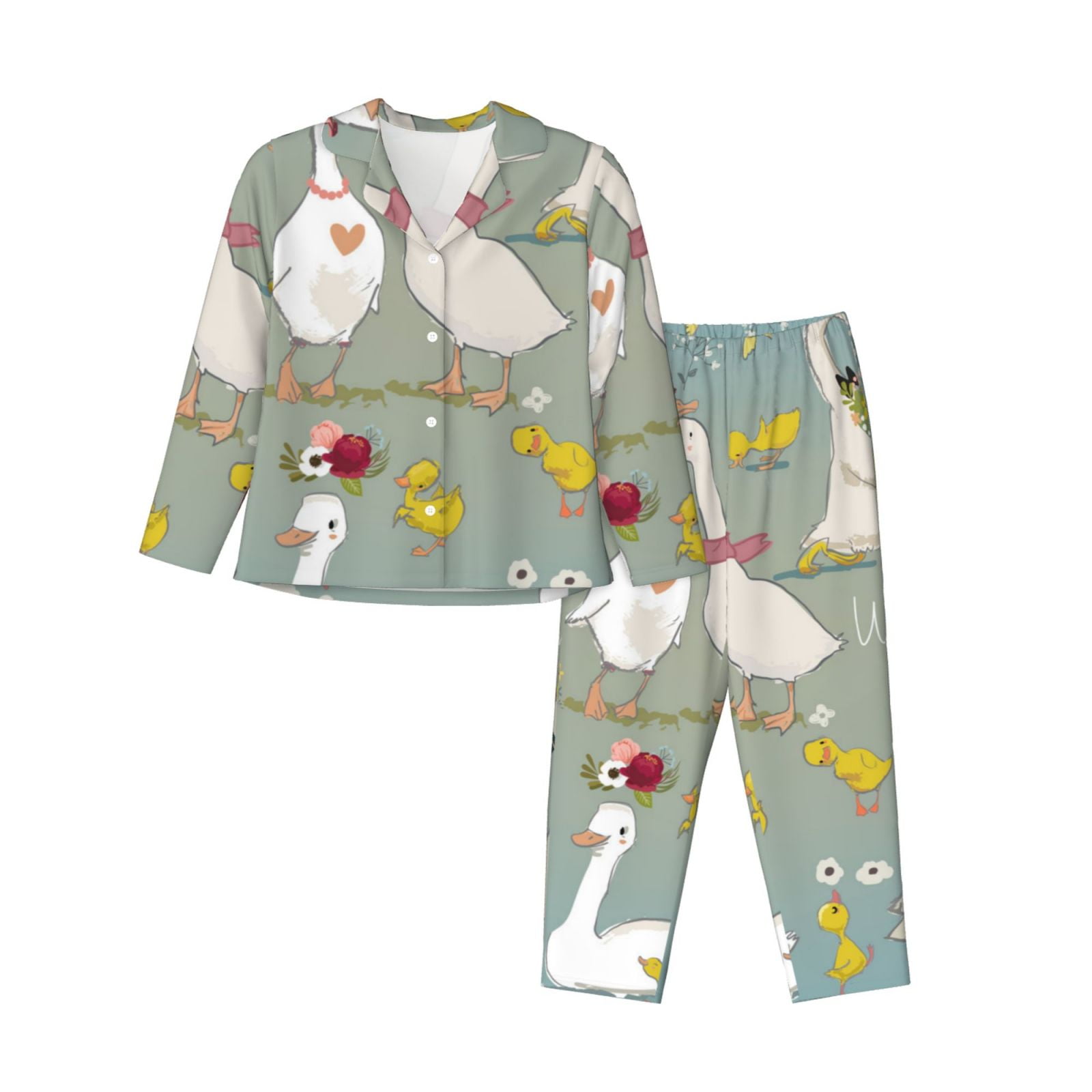 Junzan Cute Farm Birds Print Womens Pajama Sets,Long Sleeve Button Down ...