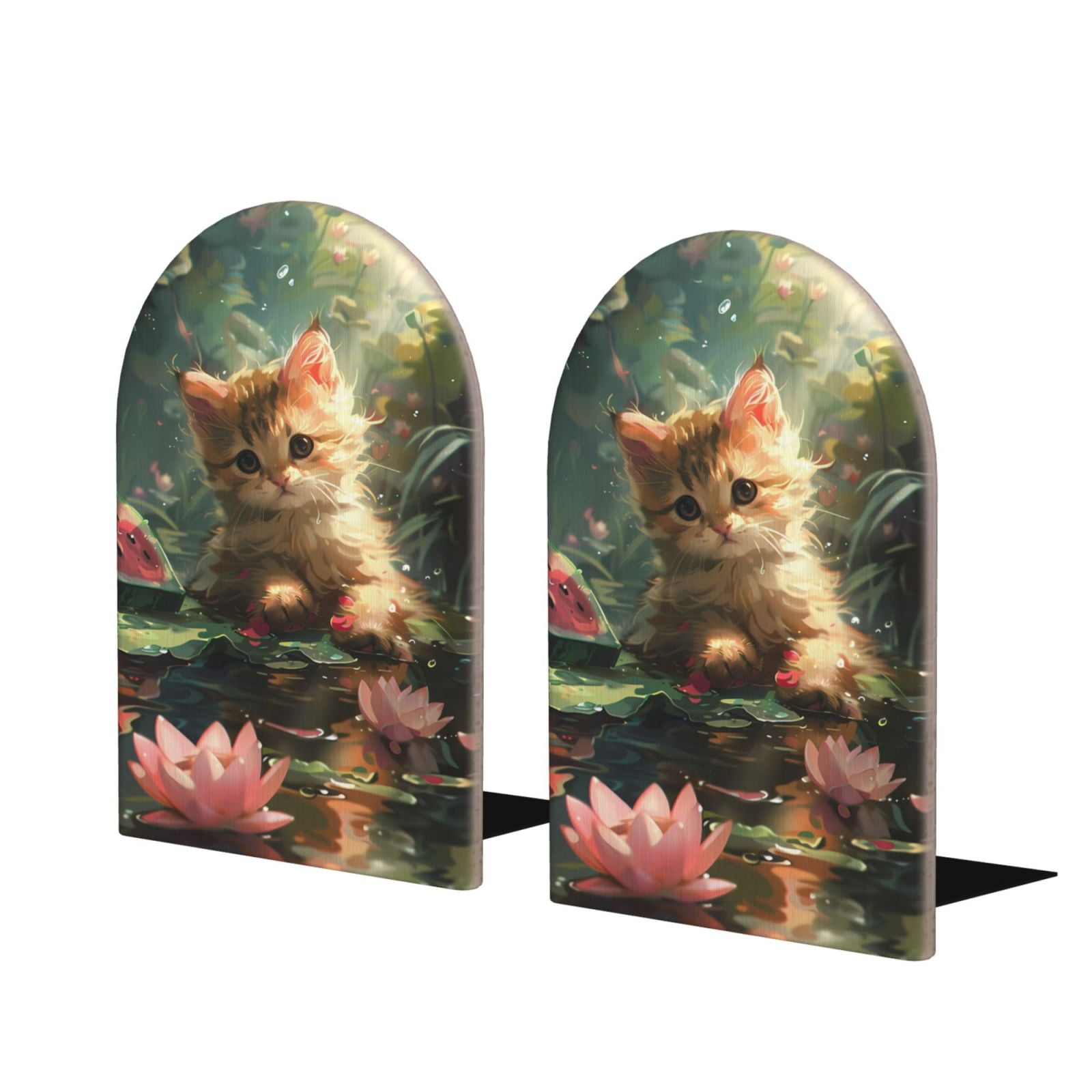 Junzan Cute Kitten Water Lilies for Wood Bookends,1 Pair Book Ends for ...