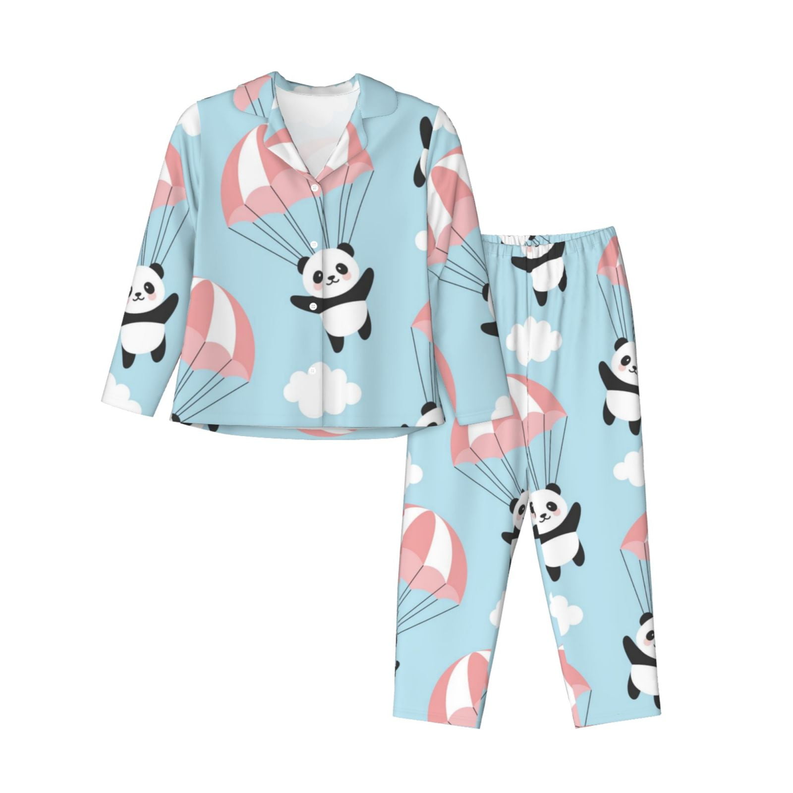 Junzan Cute Panda Flying In The Sky Print Womens Pajama Sets,Long Sleeve Button Down For Women ...