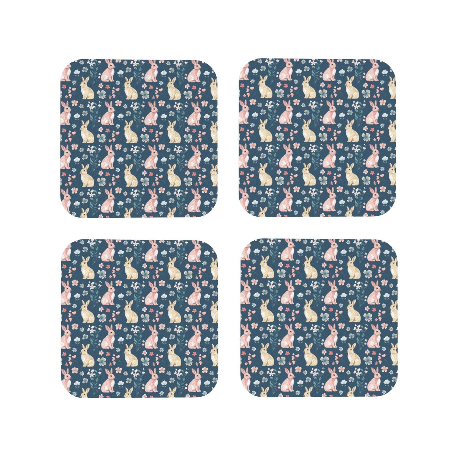 Junzan Cute Rabbit Floral Print Coasters for Drinks - Leather Coasters ...