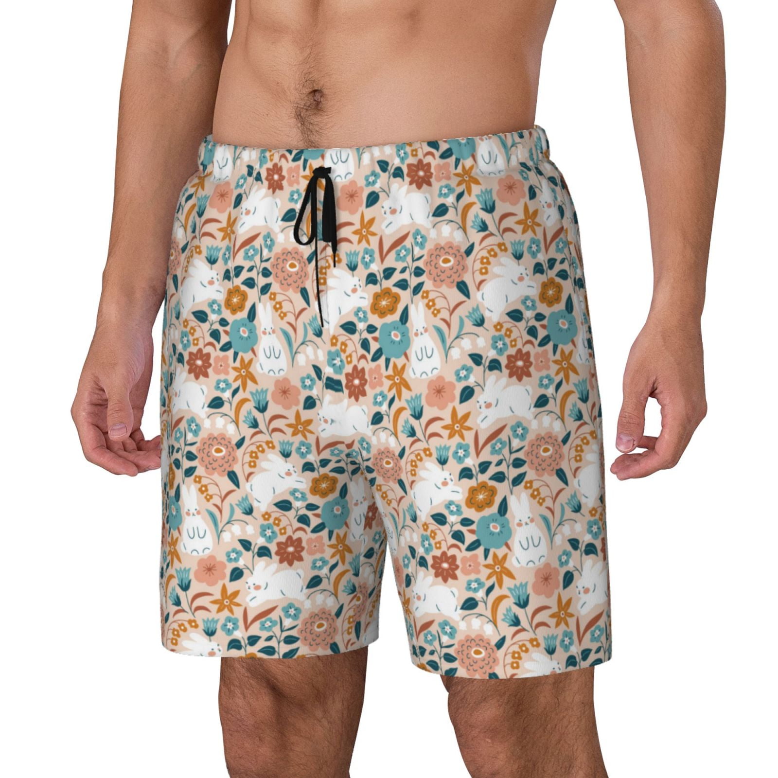 Junzan Cute Rabbit Floral Print Swim Trunks Men Swim Shorts with Built ...