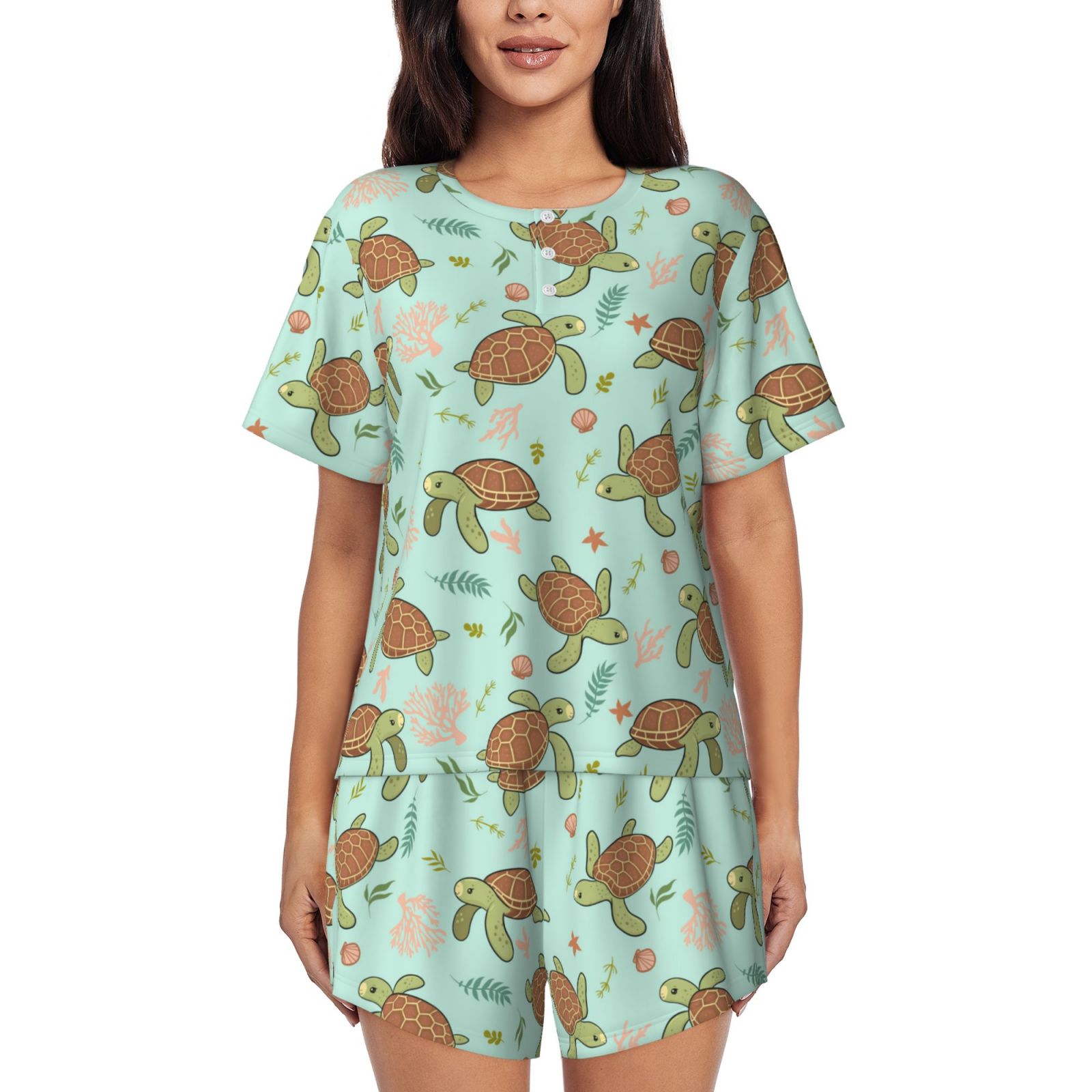 Junzan Cute Sea Turtles for Short-Sleeved Pajama Set for Women,2 Piece ...
